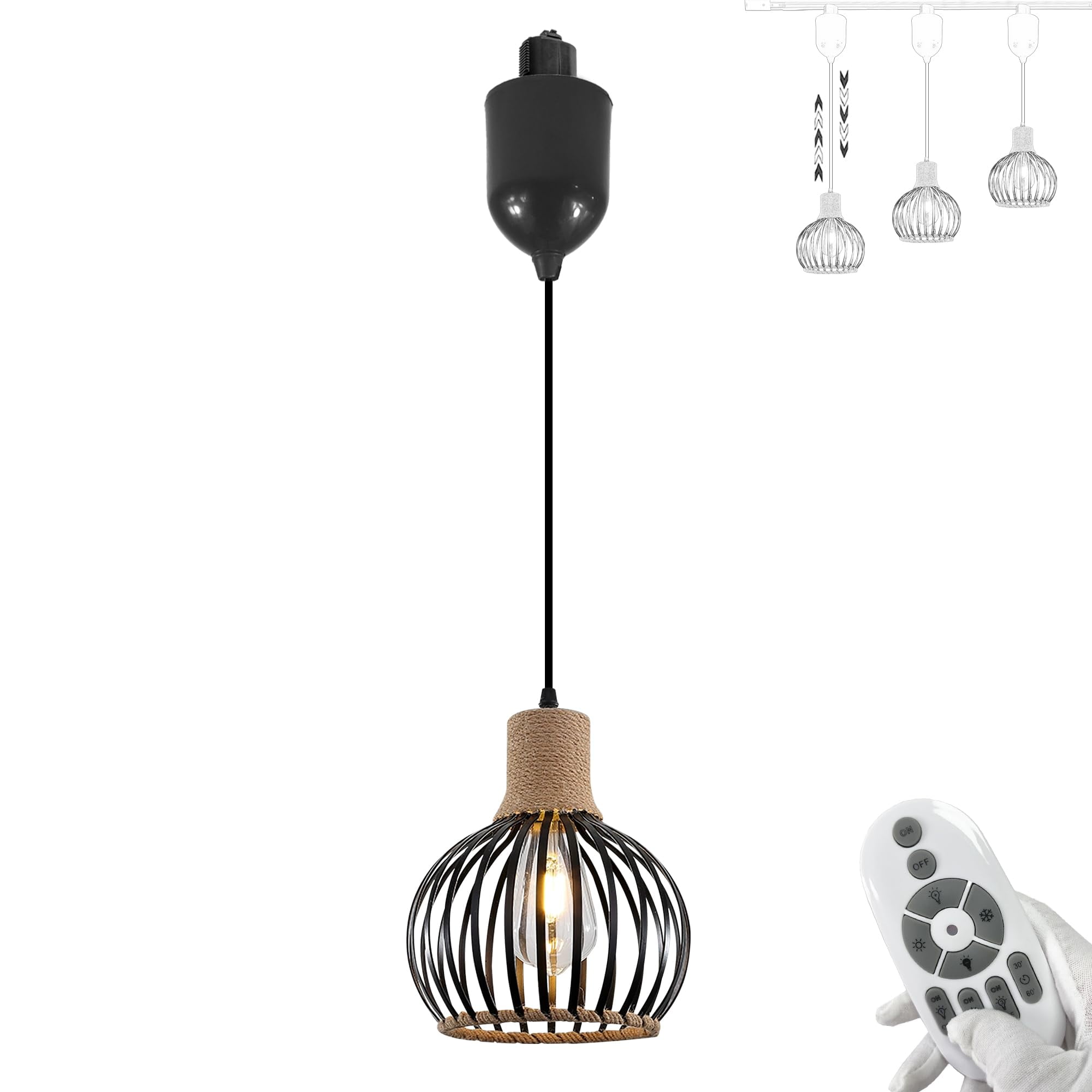 FSLiving Adjustable Height J Type Track Light BOHO Natural Hemp Rope ...
