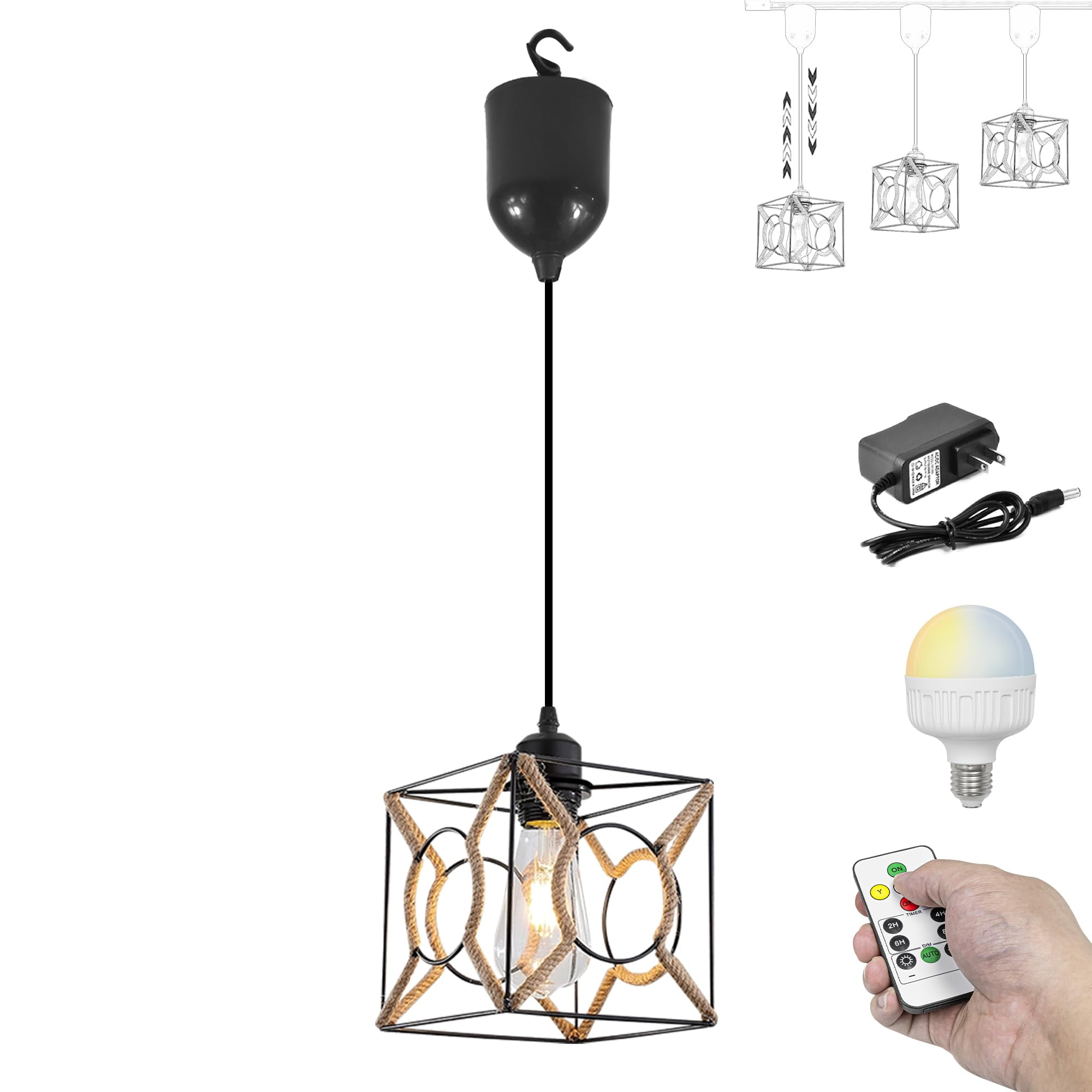 FSLiving Adjustable Height Rechargeable Battery Operated Pendant Light ...