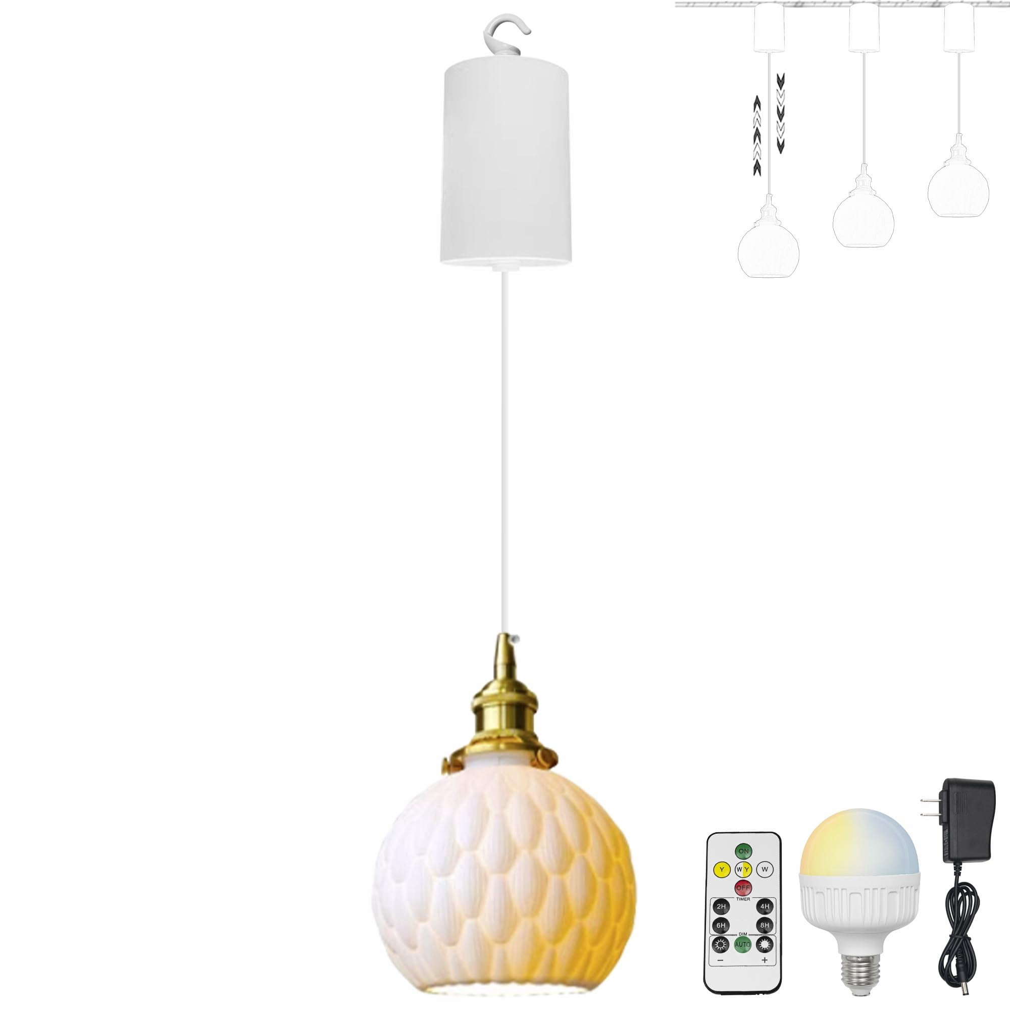 FSLiving Adjustable Height Rechargeable Battery Operated Pendant Light ...