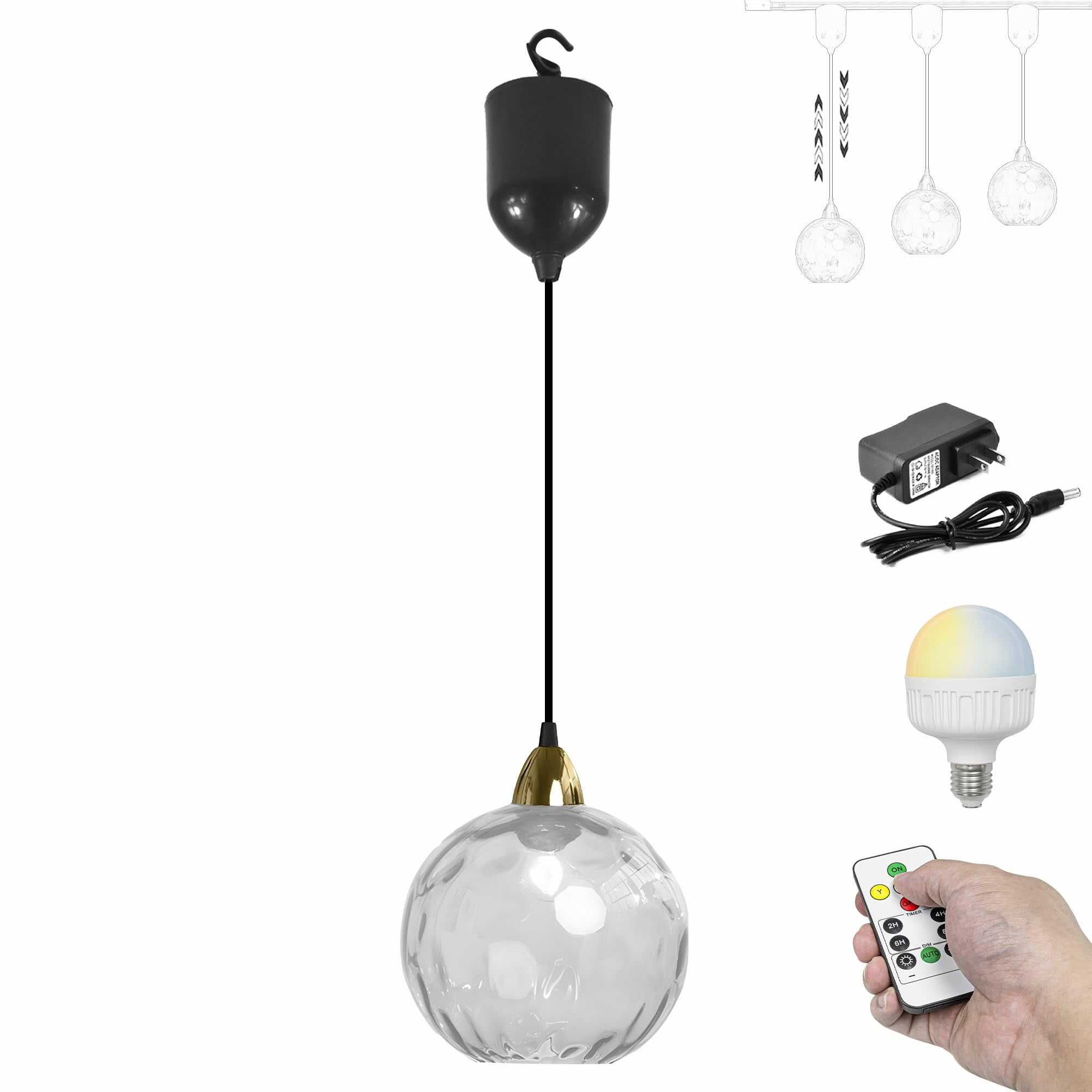 FSLiving Adjustable Height Rechargeable Battery Operated Pendant Light ...