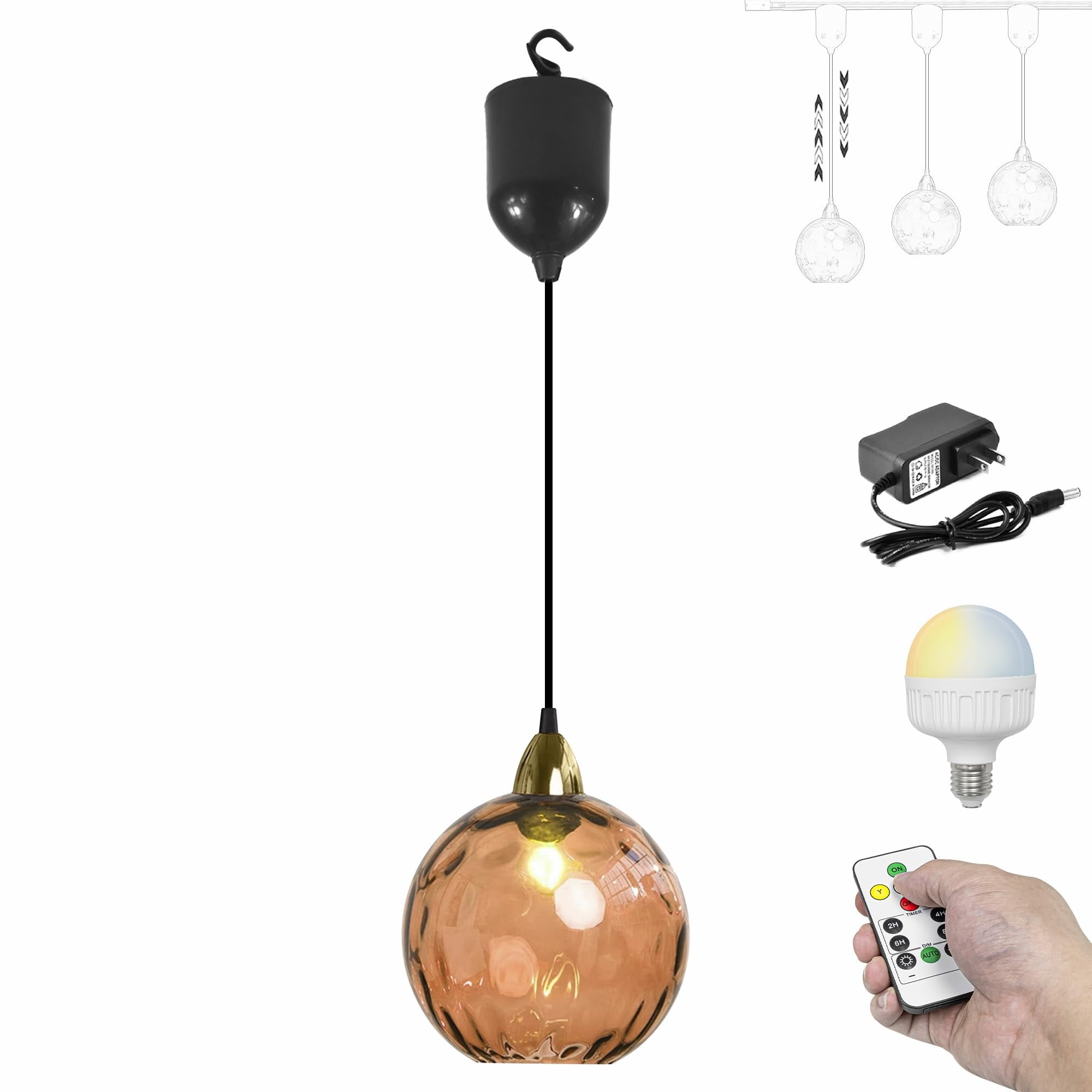 FSLiving Adjustable Height Rechargeable Battery Operated Pendant Light with Remote Control Metal ...