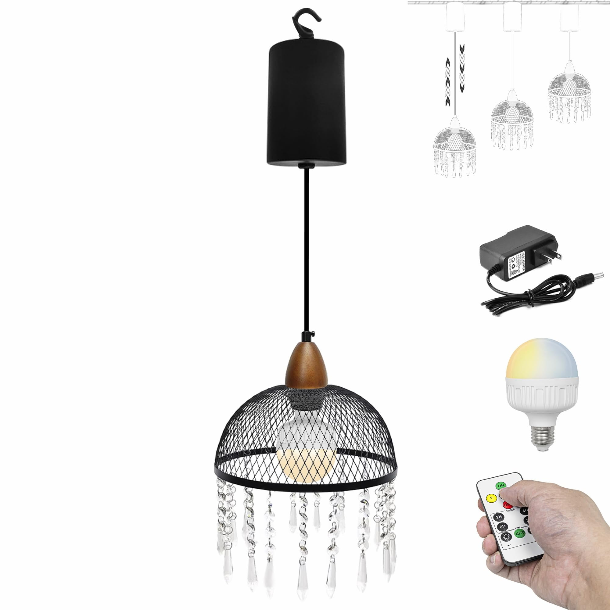 FSLiving Adjustable Height Rechargeable Battery Operated Pendant Light ...