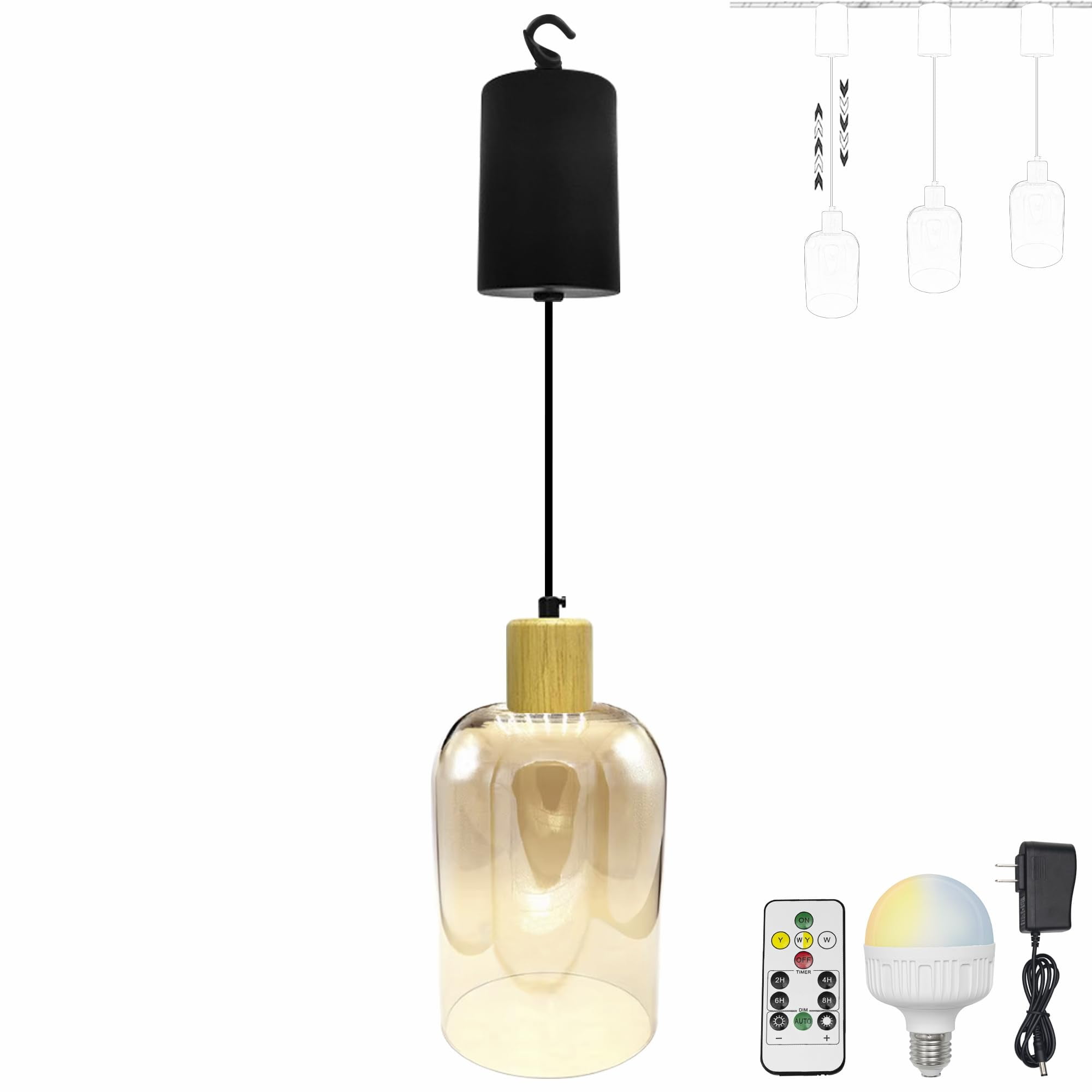 FSLiving Adjustable Height Rechargeable Battery Operated Pendant Light with Remote Control Wood ...