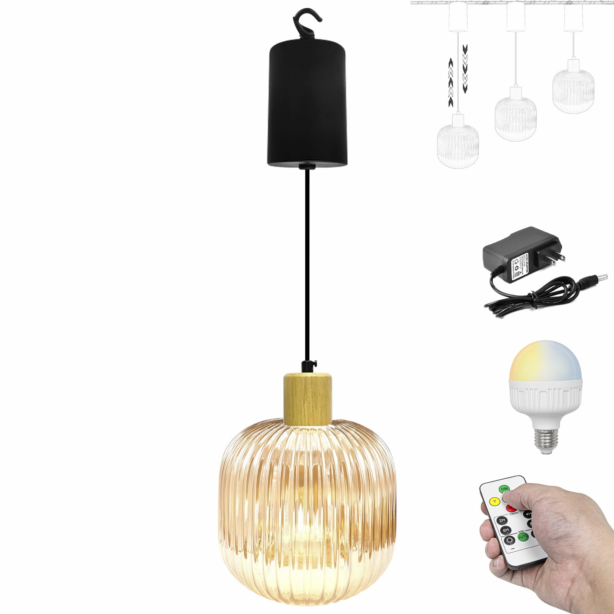 FSLiving Adjustable Height Rechargeable Battery Operated Pendant Light ...