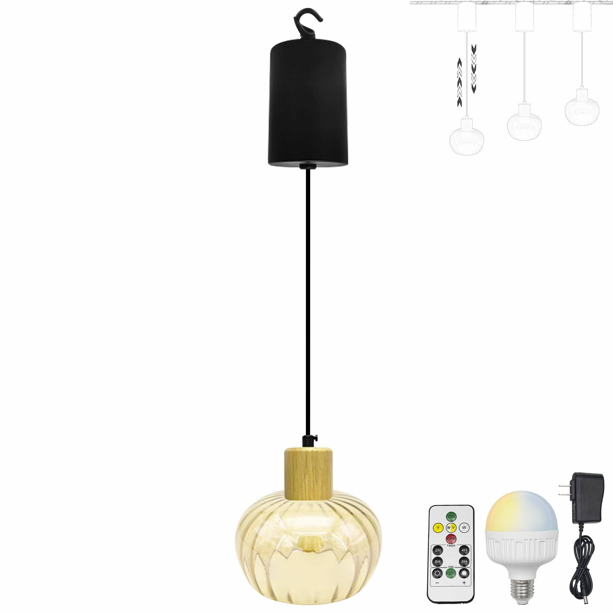 FSLiving Adjustable Height Rechargeable Battery Operated Pendant Light ...