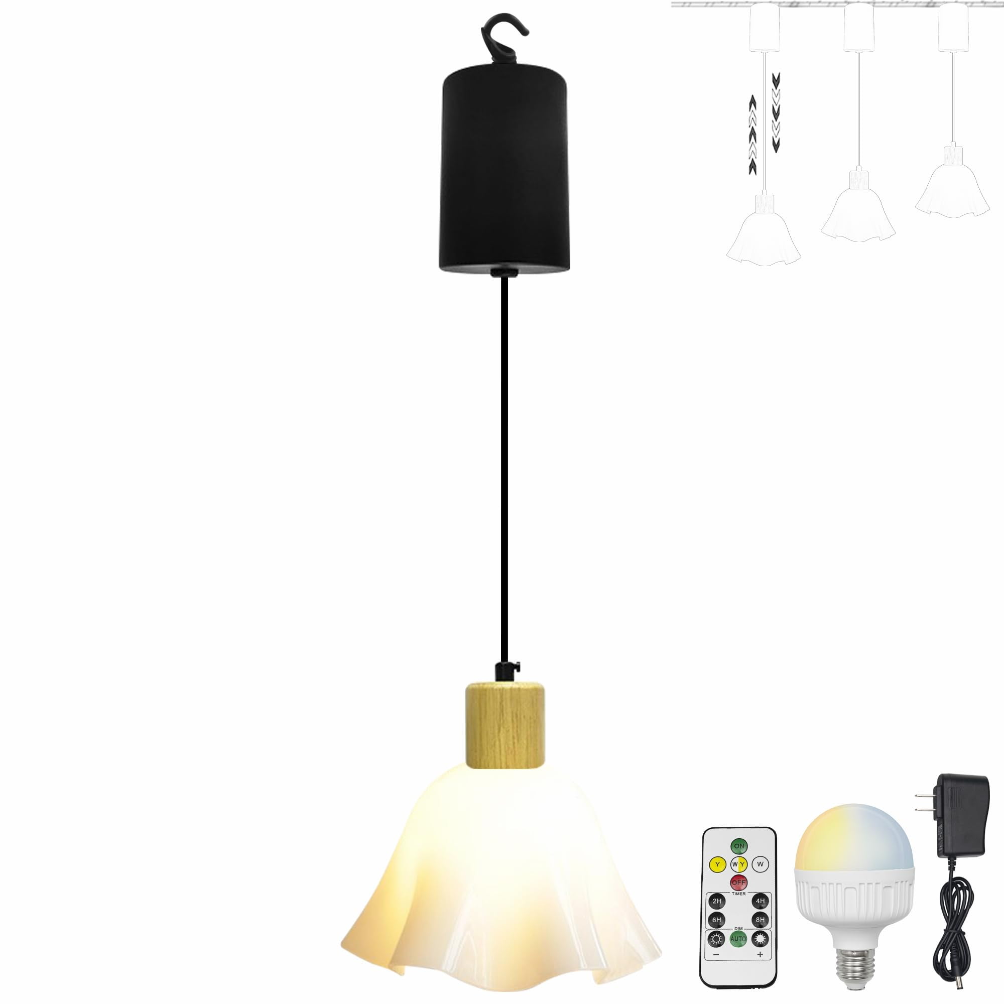 FSLiving Adjustable Height Rechargeable Battery Operated Pendant Light ...