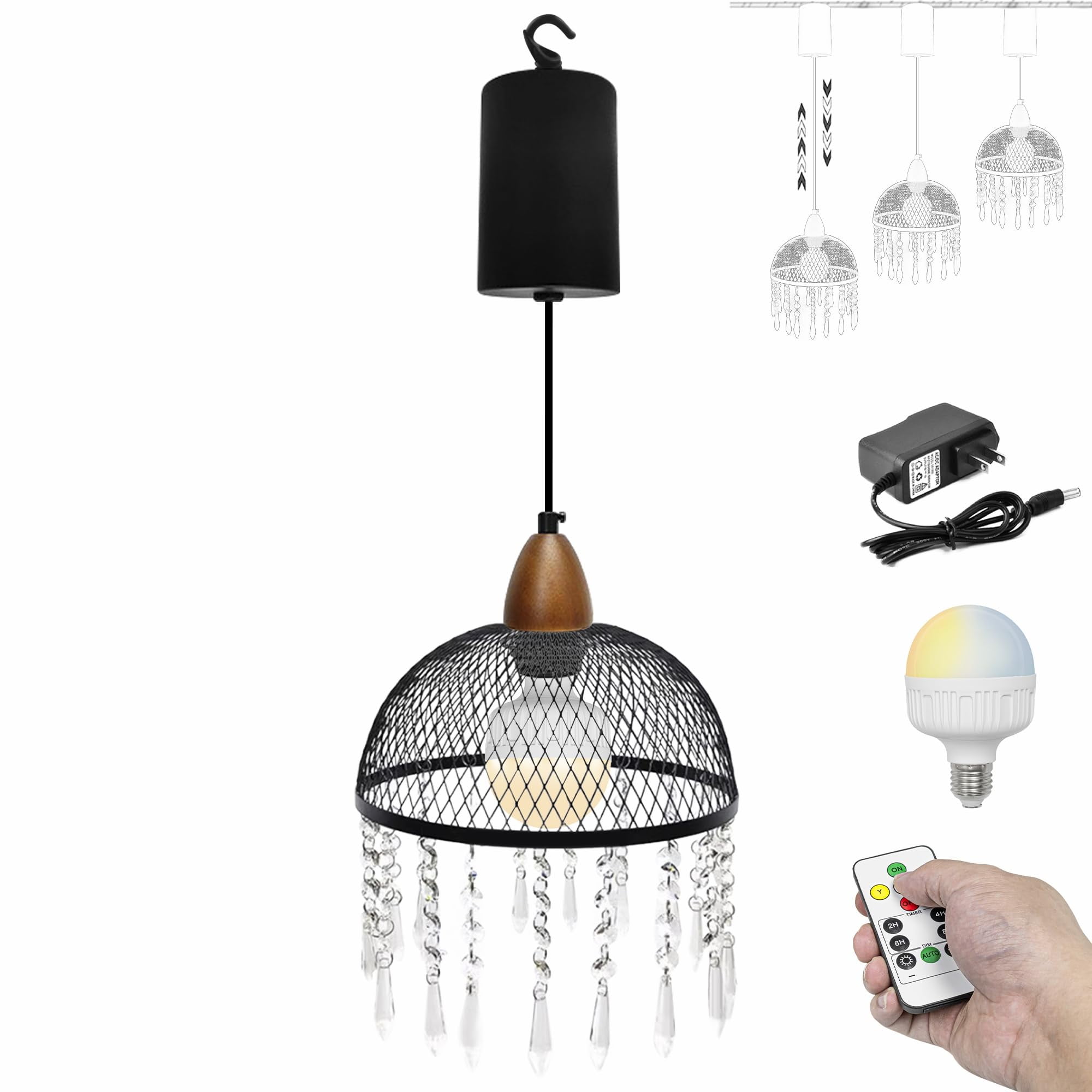 FSLiving Adjustable Height Rechargeable Battery Operated Pendant Light ...