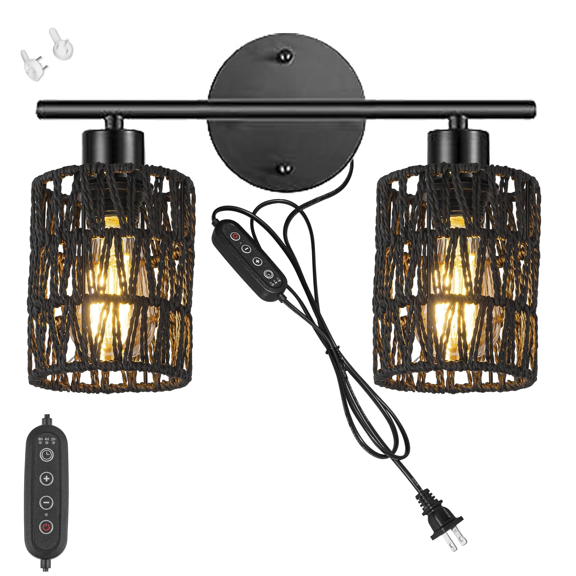 FSLiving Auto Black Twine Natural Rattan Wall Lamp Modern Adjustable ...