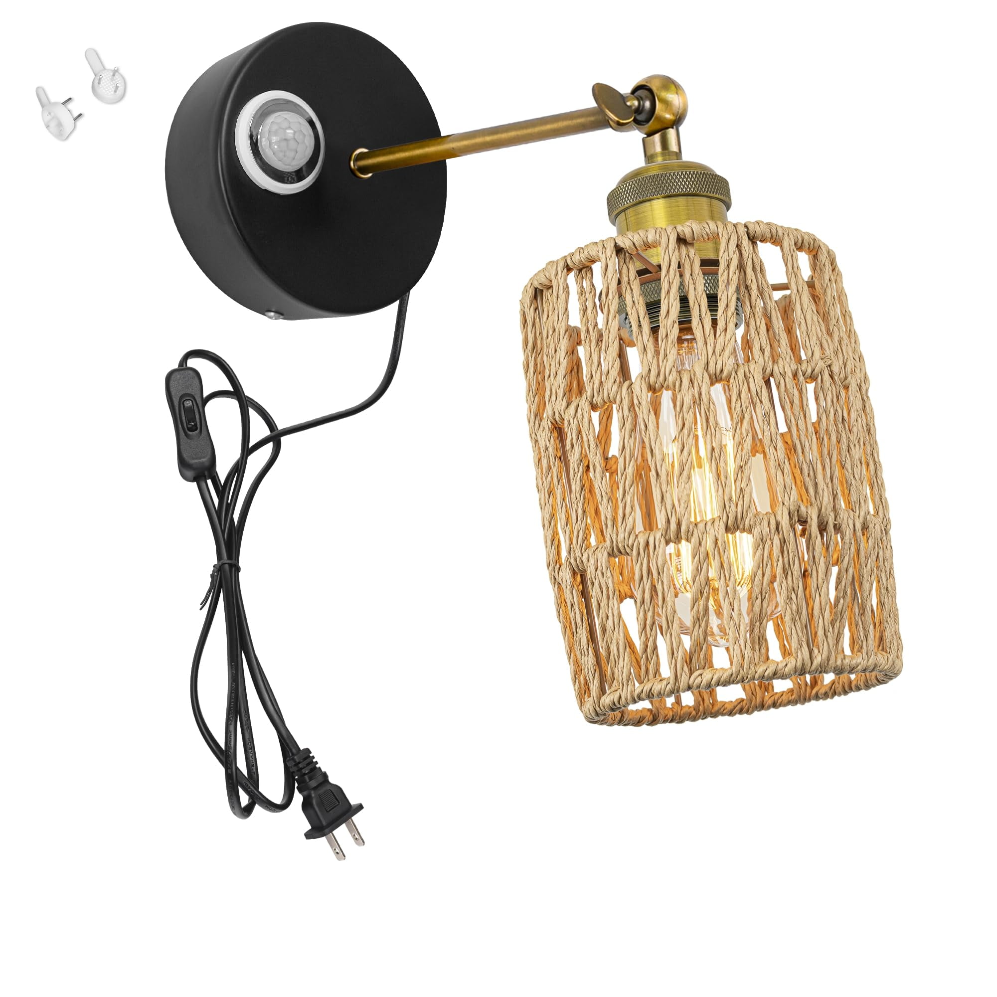 FSLiving Auto Twine Natural Rattan Wall Lamp by PIP Motion IR Sensor ...
