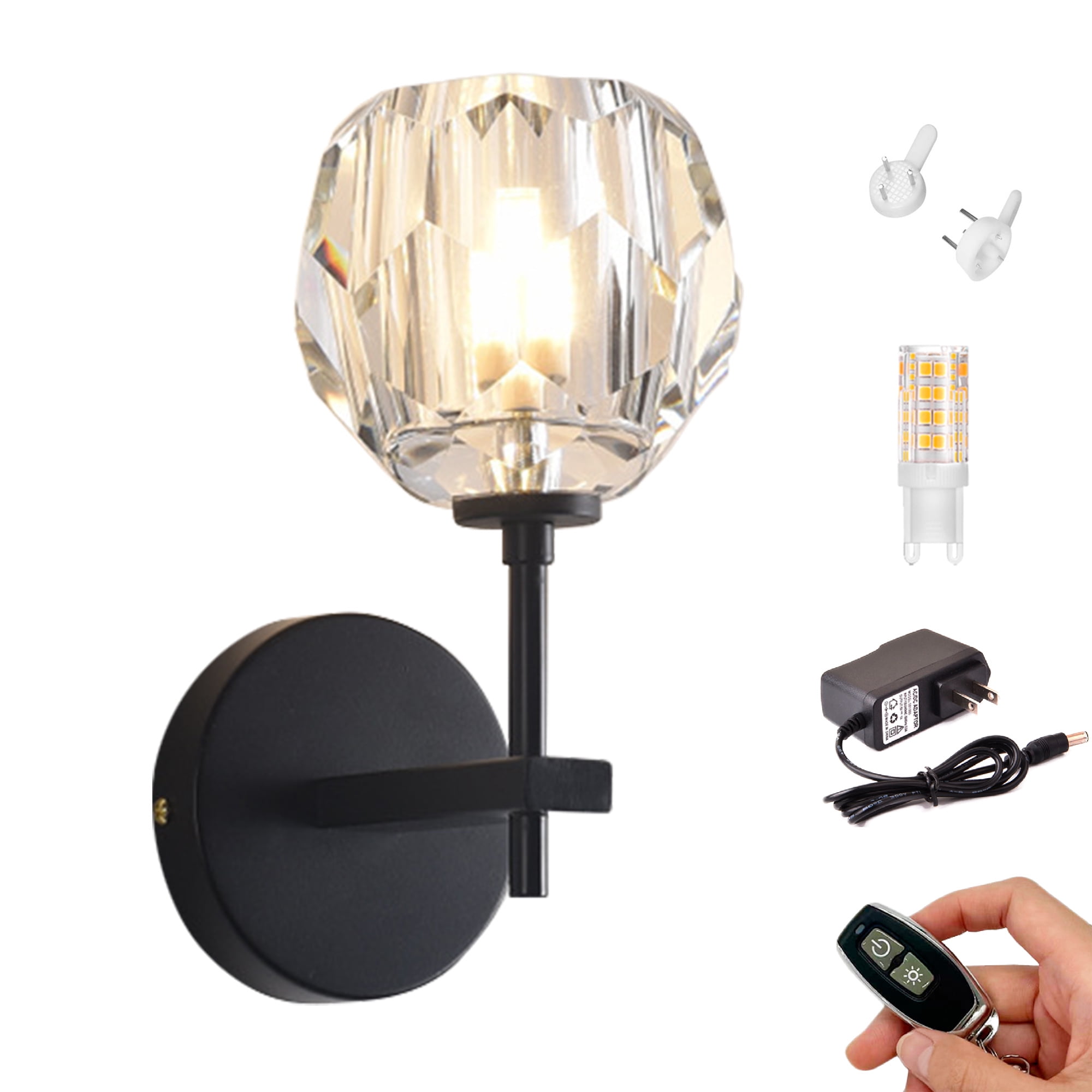 FSLiving Battery Operated Wall Lamp Industrial Crystal Wall Sconces ...