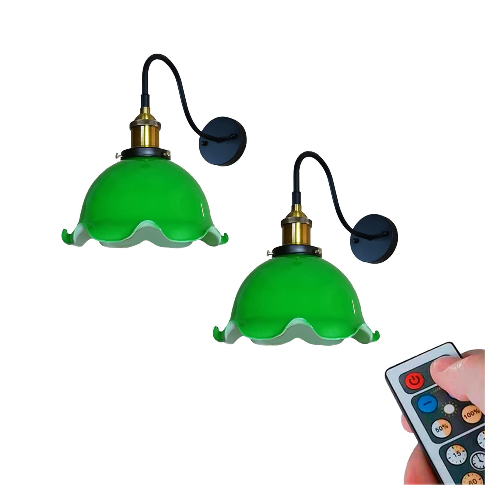 FSLiving Battery Operated Wall Sconces Wireless Green Glass Shade Wall ...