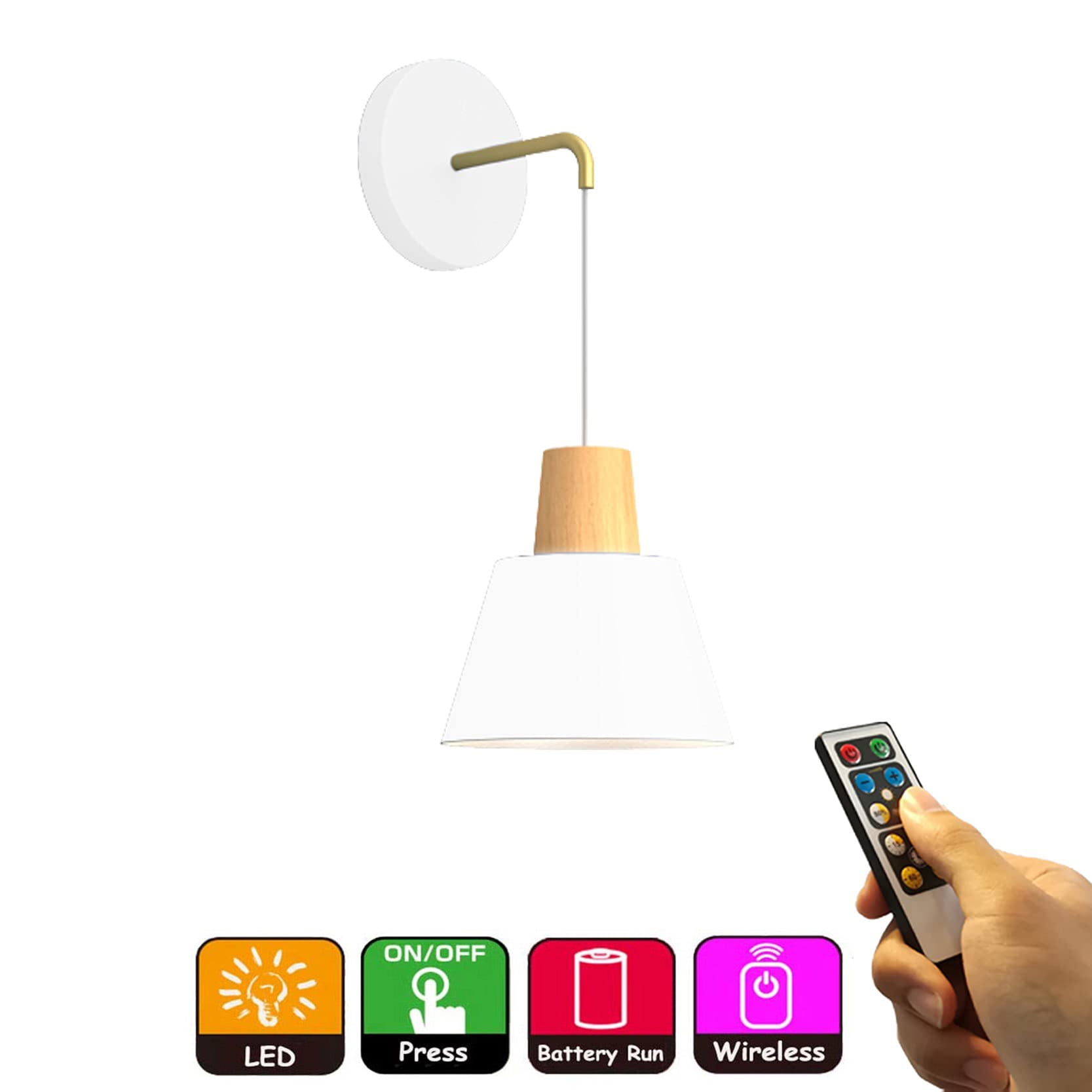 FSLiving Battery Operated Wall Sconces Wireless White Metal Wood Wall ...