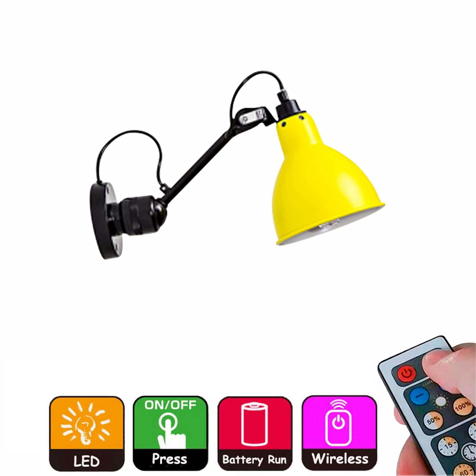 FSLiving Battery Operated Wall Sconces Wireless Yellow Metal Shade Wall ...