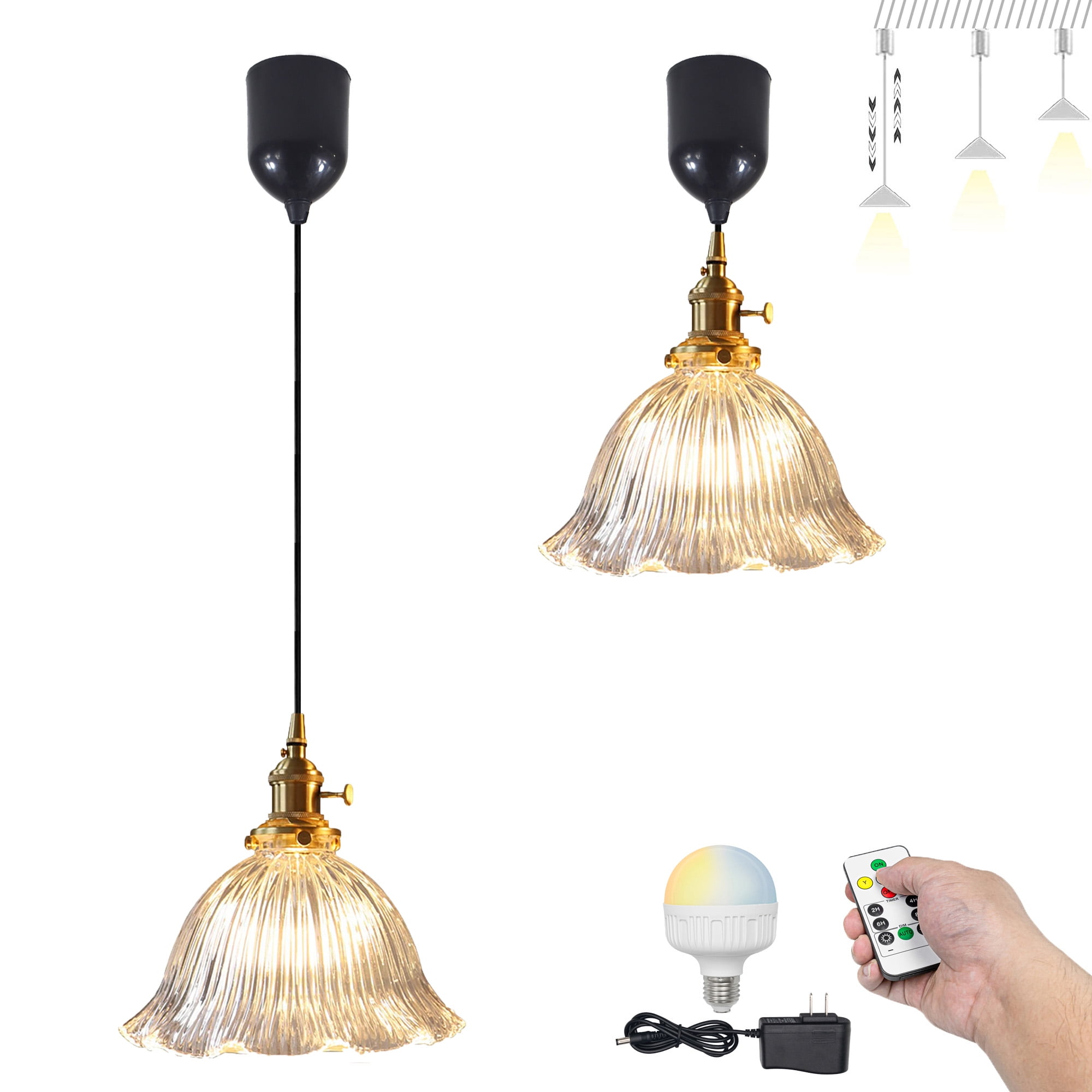 FSLiving Battery Rechargeable Operated Pendant Light with Remote ...