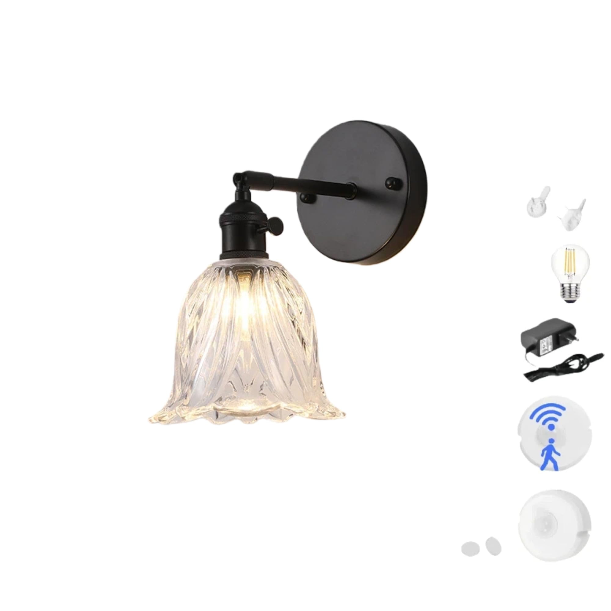 FSLiving Black & Floral Textured Clear Glass Shade LED Wall Sconce with ...