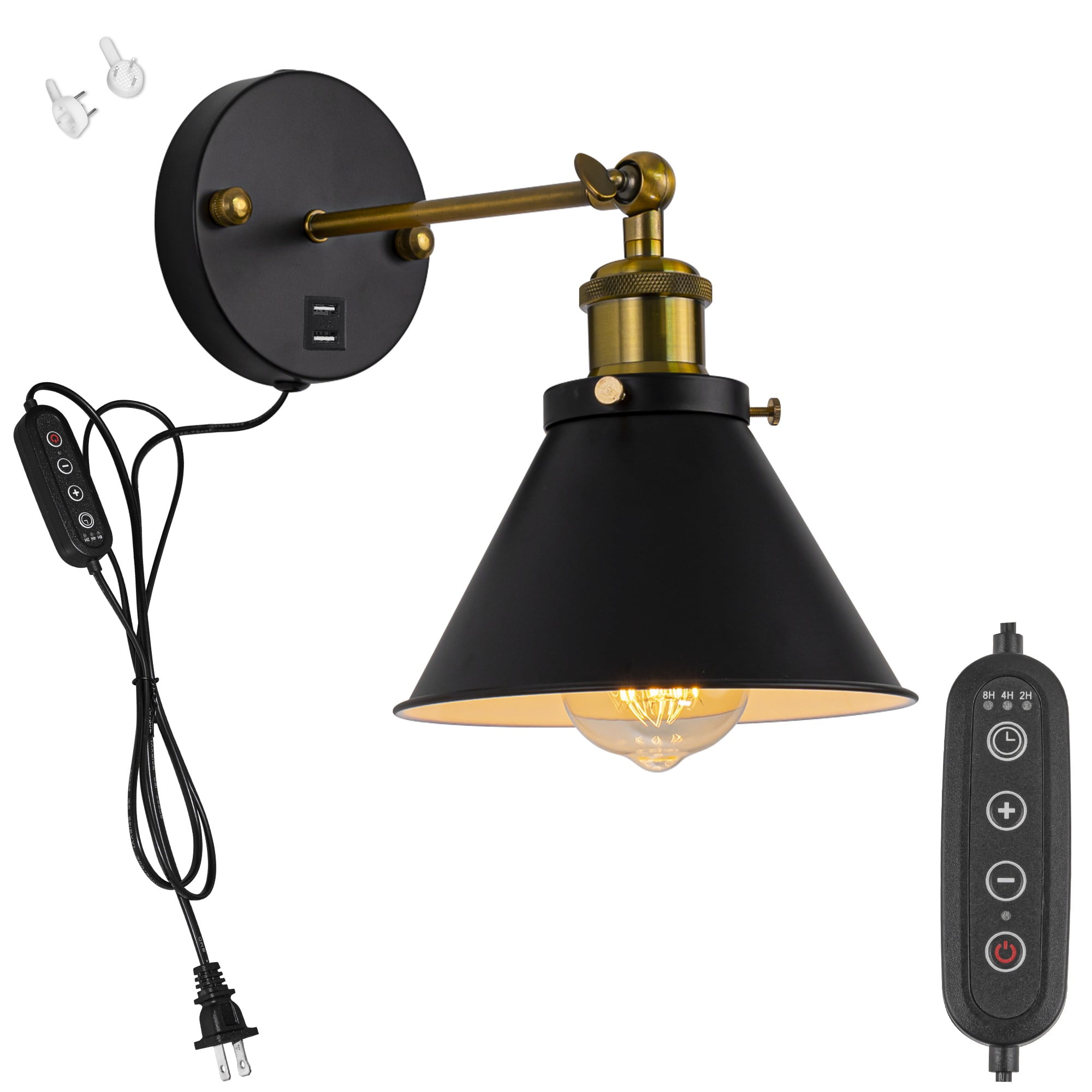 FSLiving Black Metal Wall Sconce with USB Outlet Dimmable and ...