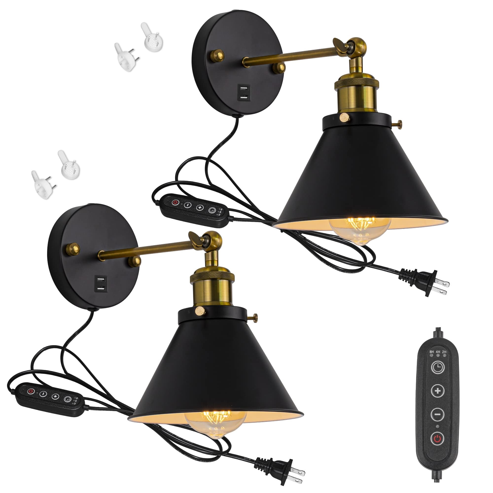 FSLiving Black Metal Wall Sconce with USB Outlet Dimmable and ...