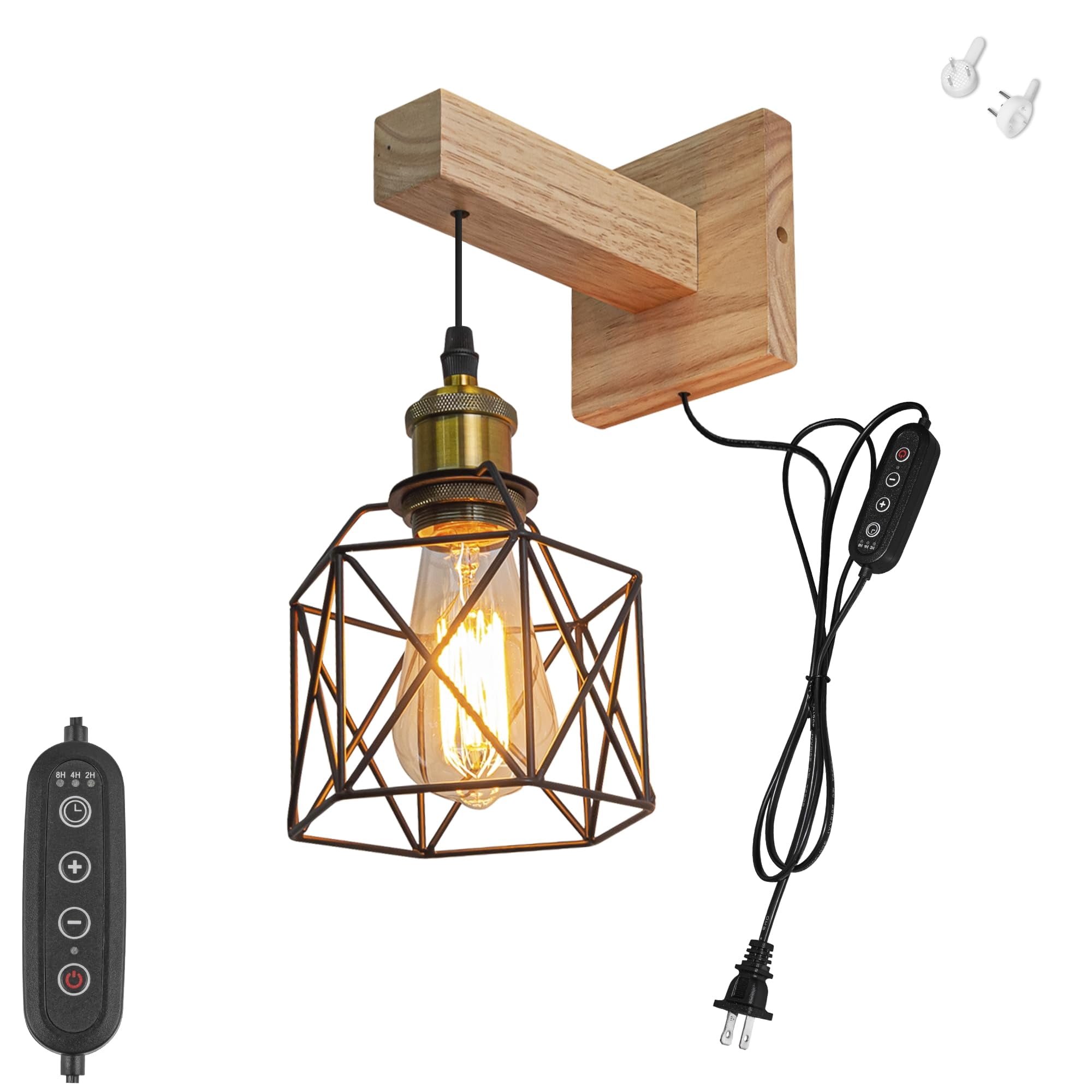 FSLiving Boho Style Wooden Handle Wall Sconce Adjustable Height Hanging ...
