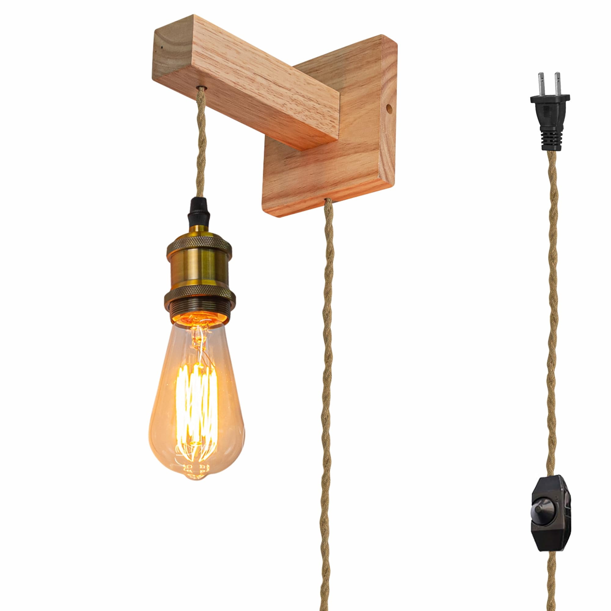 FSLiving Boho Style Wooden Handle Wall Sconce Adjustable Height Hanging ...