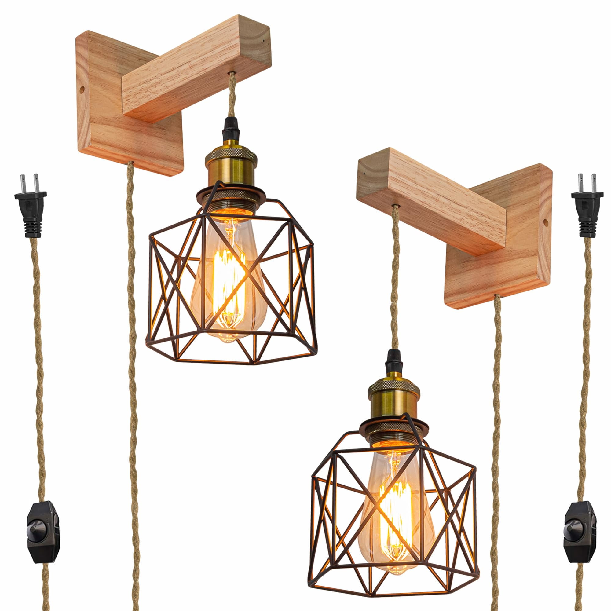 FSLiving Boho Style Wooden Handle Wall Sconce Adjustable Height Hanging ...