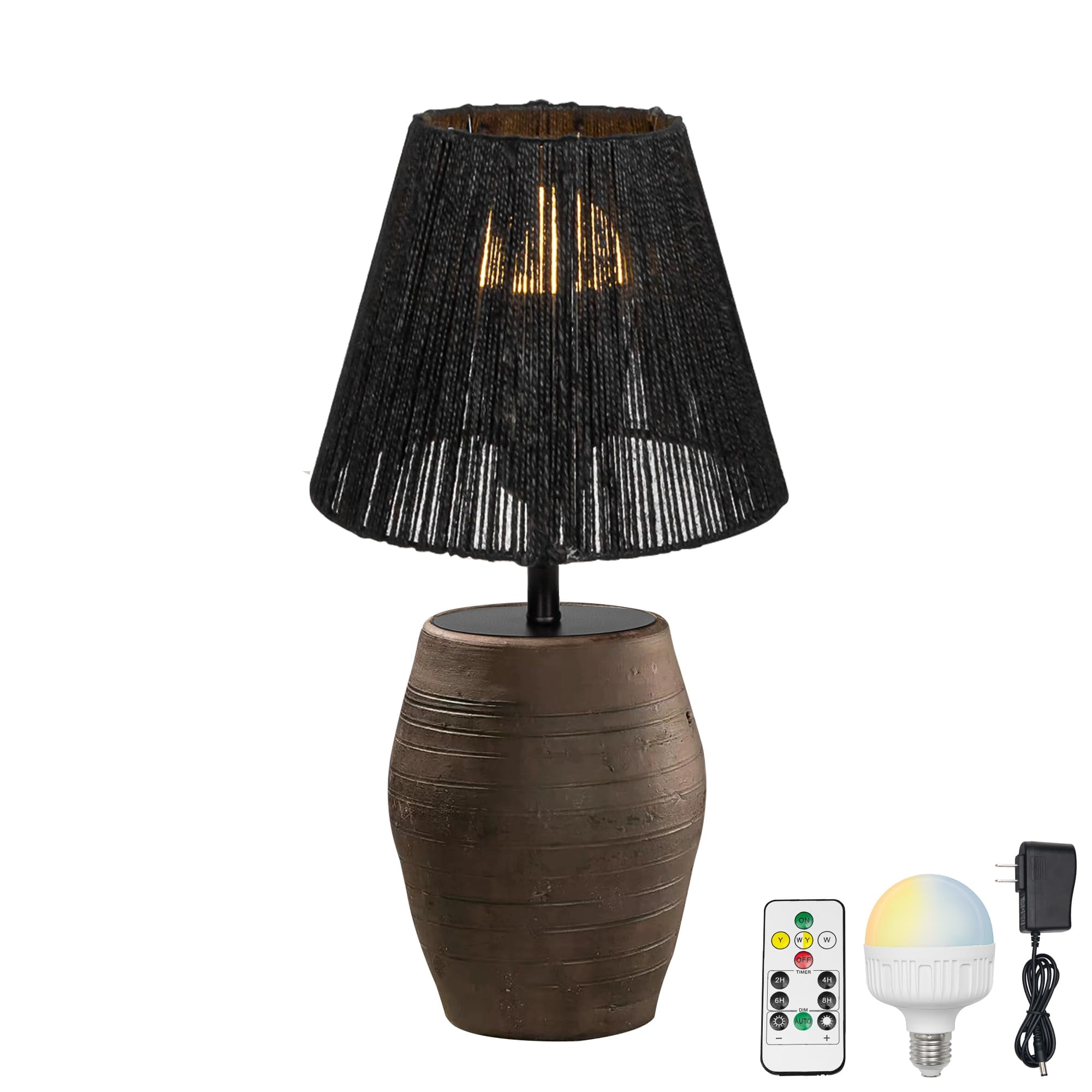 FSLiving Brown Hand-Made Clay Pot Table Lamp Rechargeable Battery ...