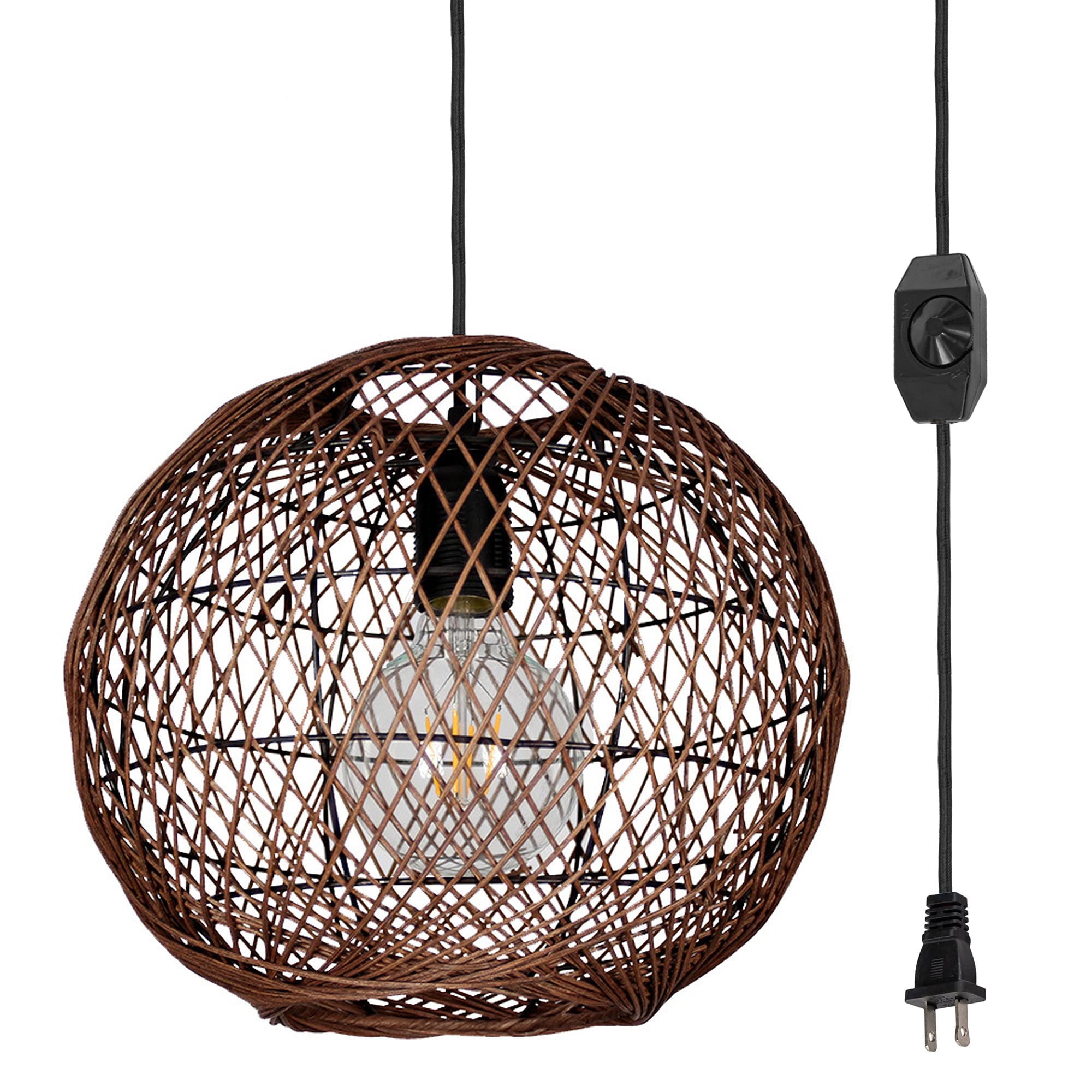 FSLiving Dimmable Hanging Swag Ceiling Lamp with Twine Natural Rattan ...