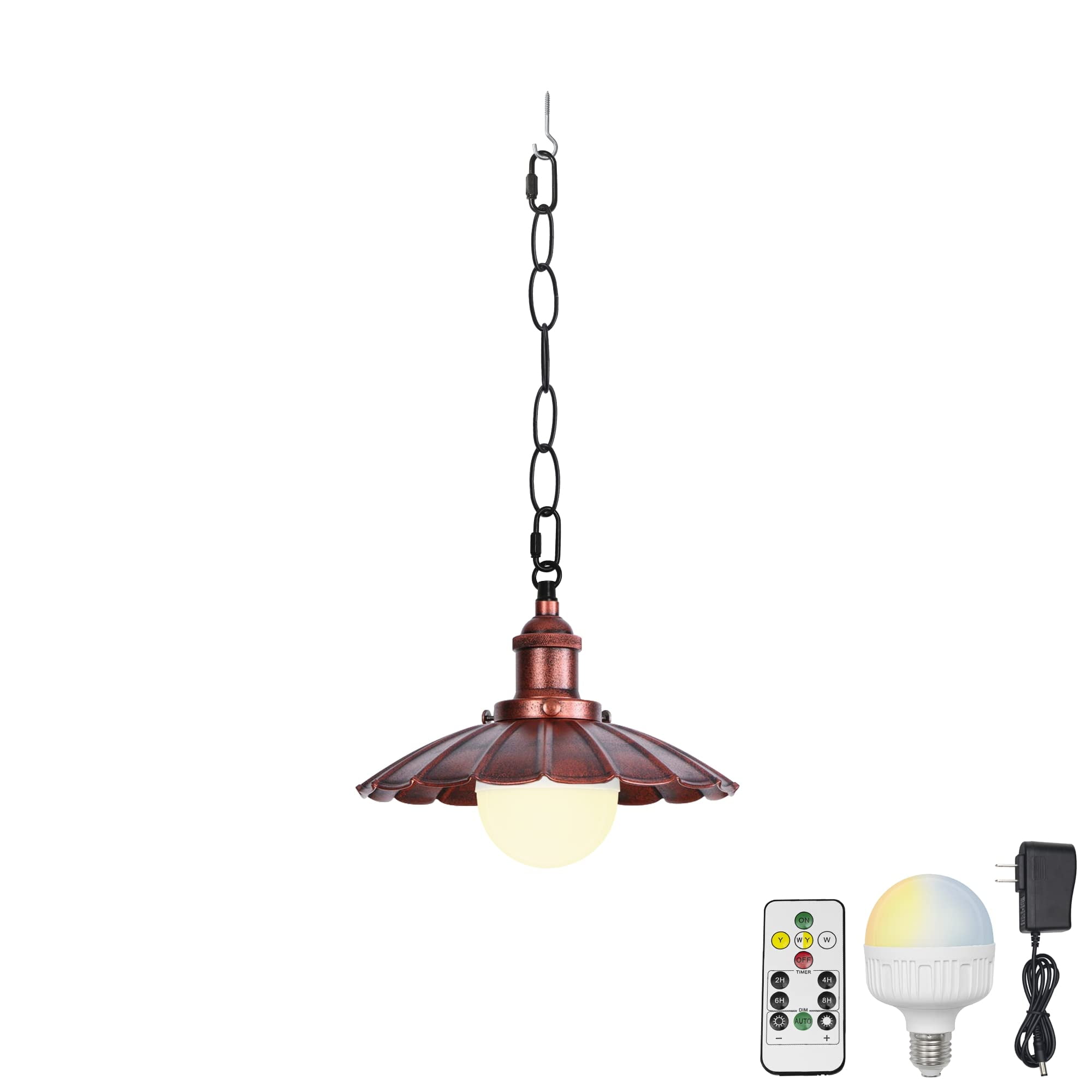 FSLiving Dimmable Iron Chain Hanging Light with Rechargeable Battery Operated LED RGB Bulb Rust ...