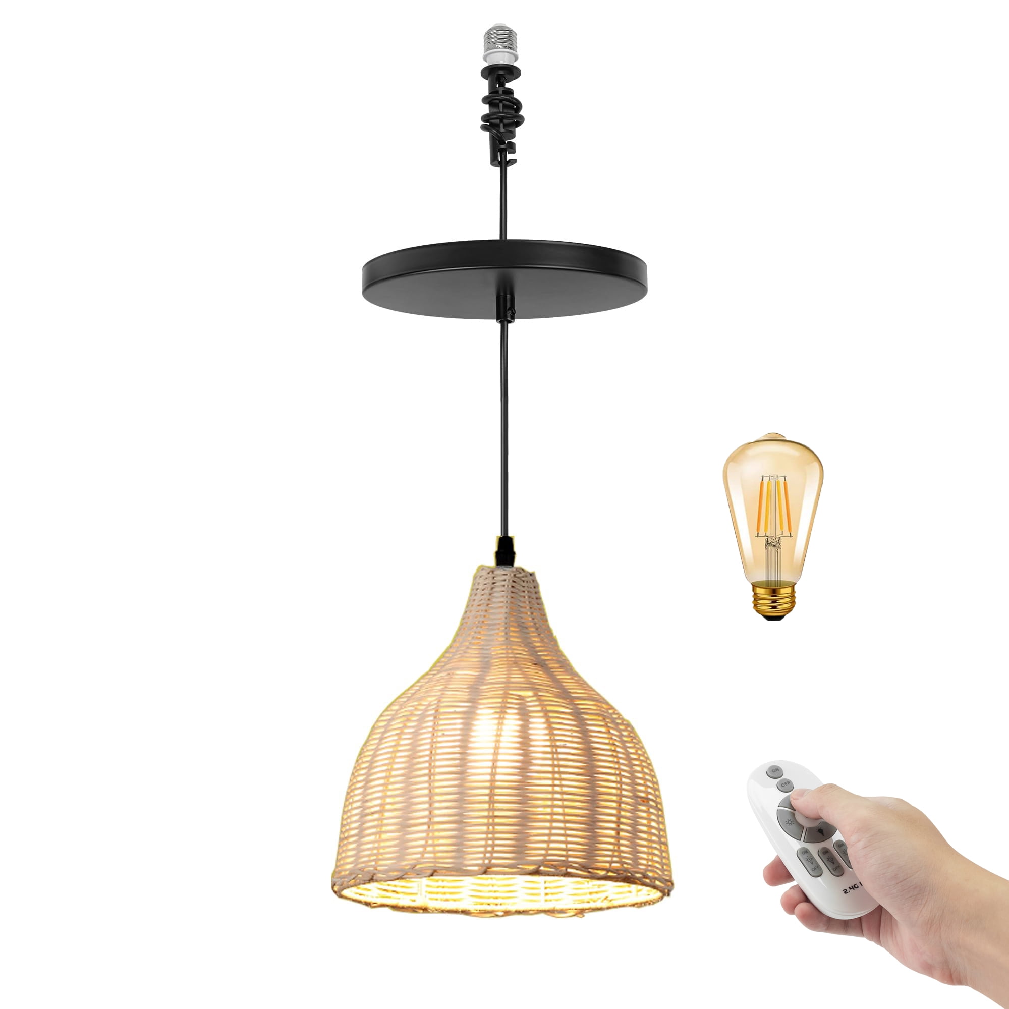 FSLiving E26 Base Hanging Light with Remote Control Rattan Shade ...