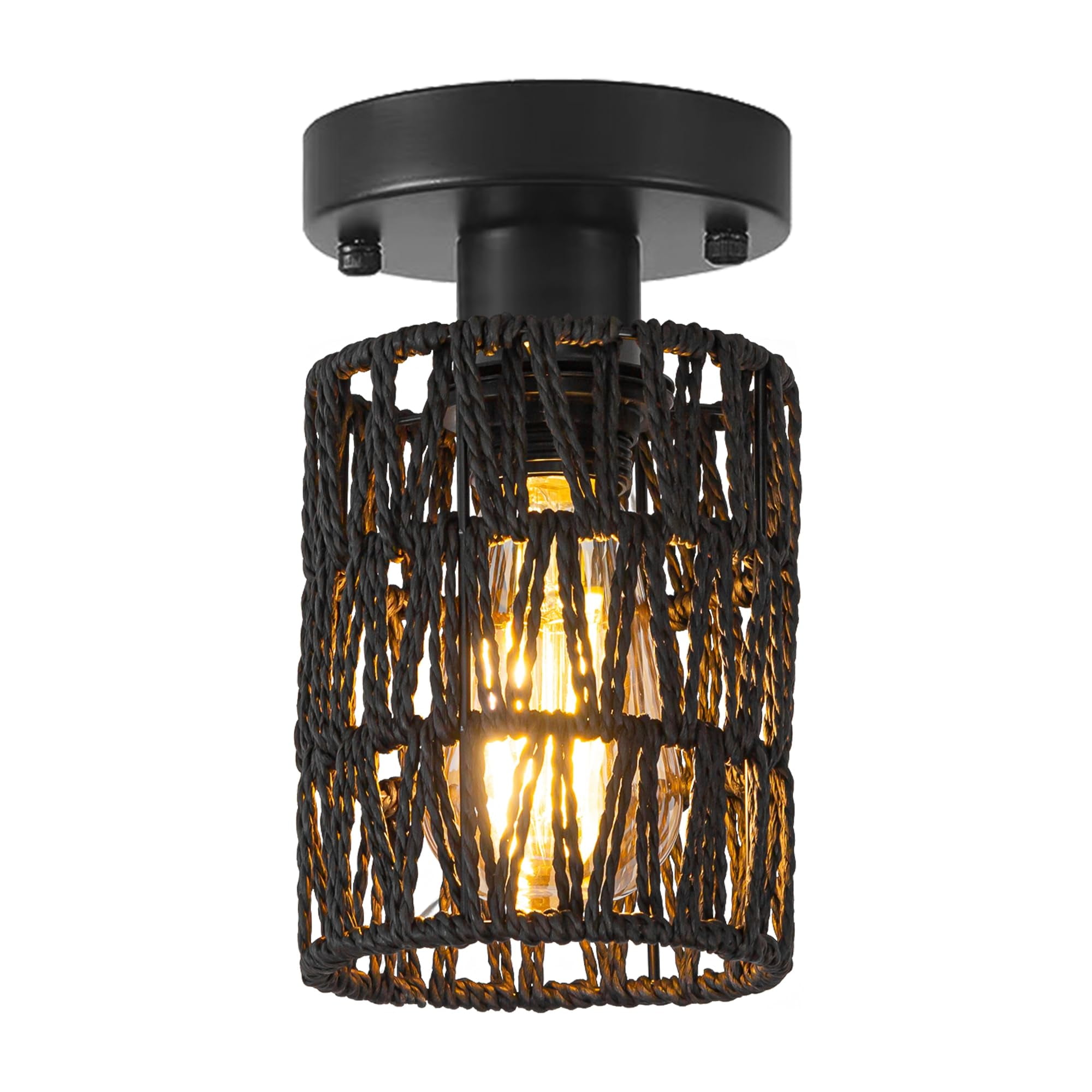 FSLiving Flush Mount Lamp Twine Natural Rattan Shade Mini Semi Light ...