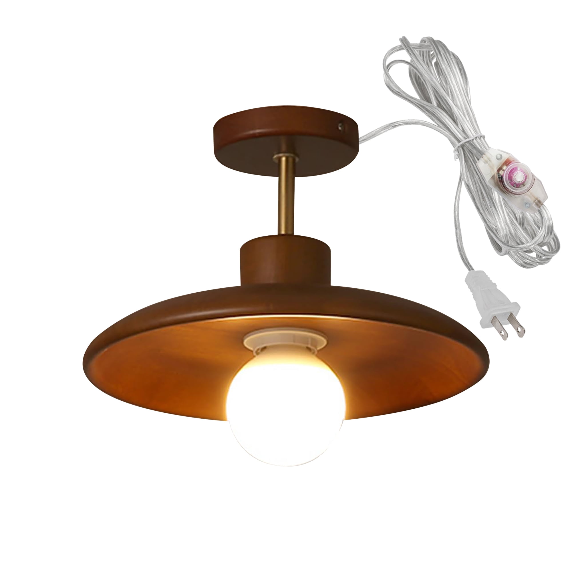FSLiving Frisbee Shape Walnut Wood Hanging Light with 15ft Plug-in Cord ...