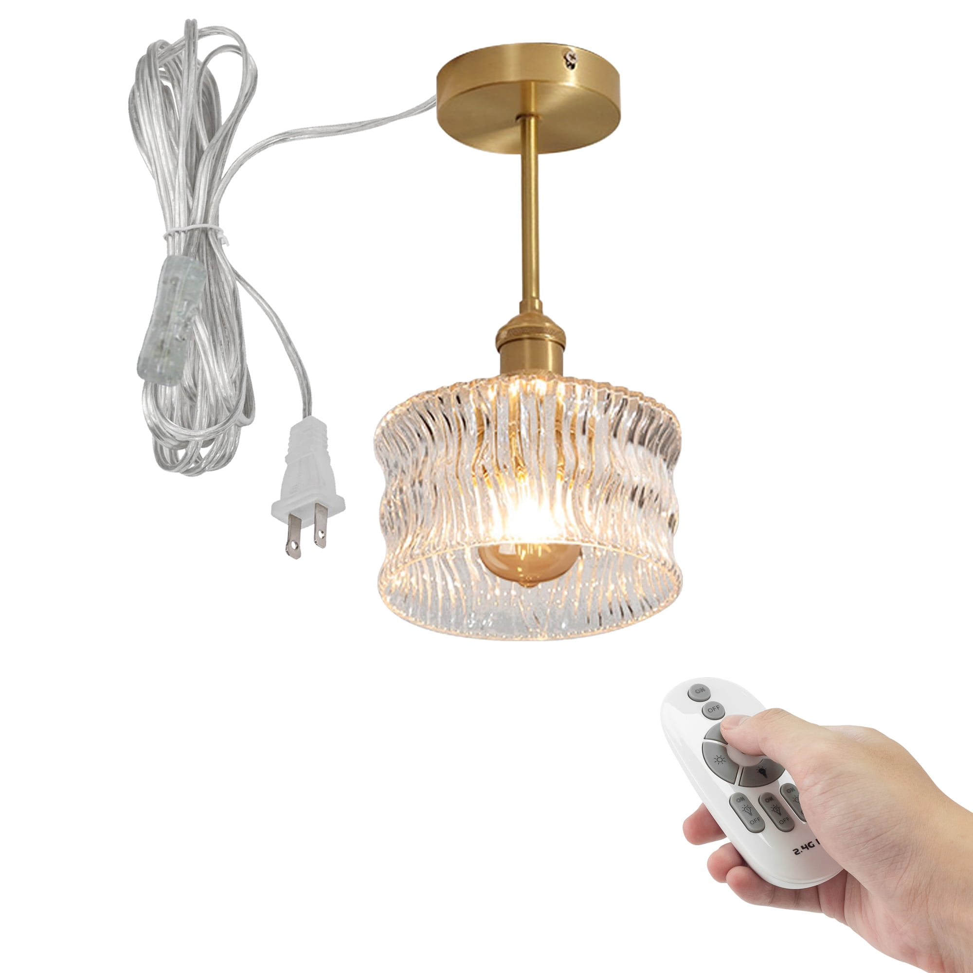 FSLiving Glass Hanging Light with 15ft Plug-in Cord Copper Decorative ...