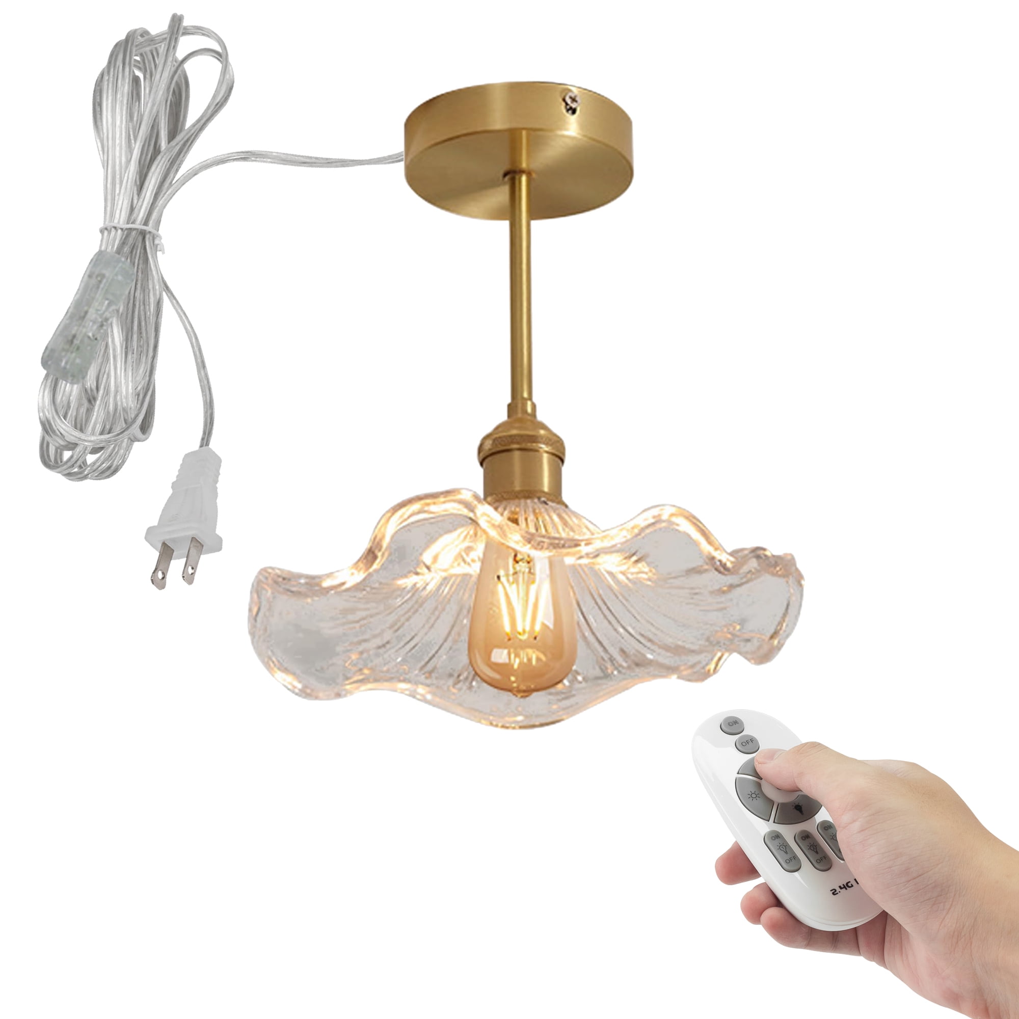 FSLiving Glass Hanging Light with 15ft Plug-in Cord Copper Decorative ...