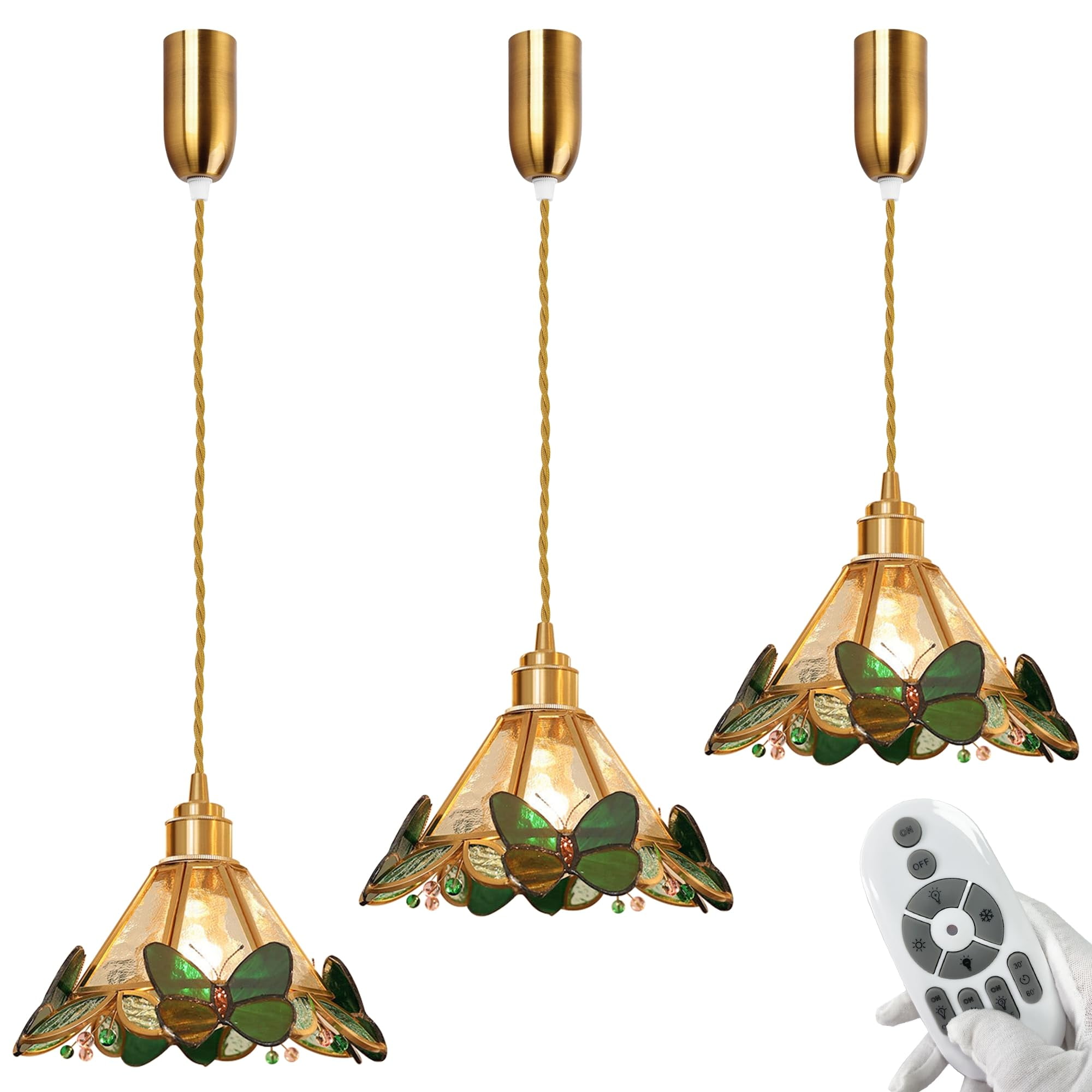 FSLiving Green Butterflies Tiffany Glass Shade Adjustable Height Halo ...