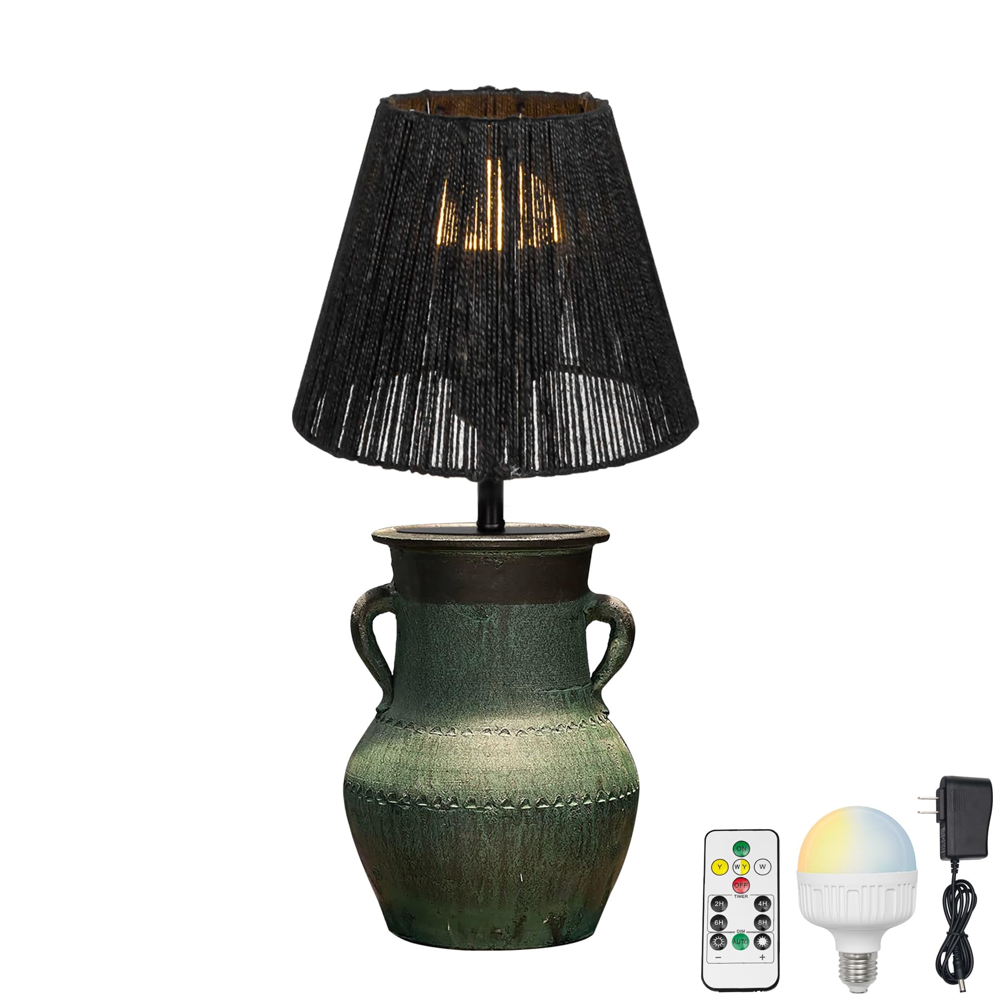 FSLiving Green Hand-Made Clay Pot Table Lamp Rechargeable Battery ...
