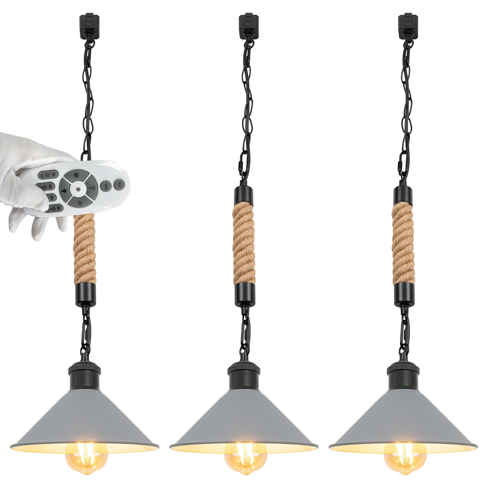 FSLiving H-Type Track Light Pendants Hemp Rope Iron Chain Cord Remote ...