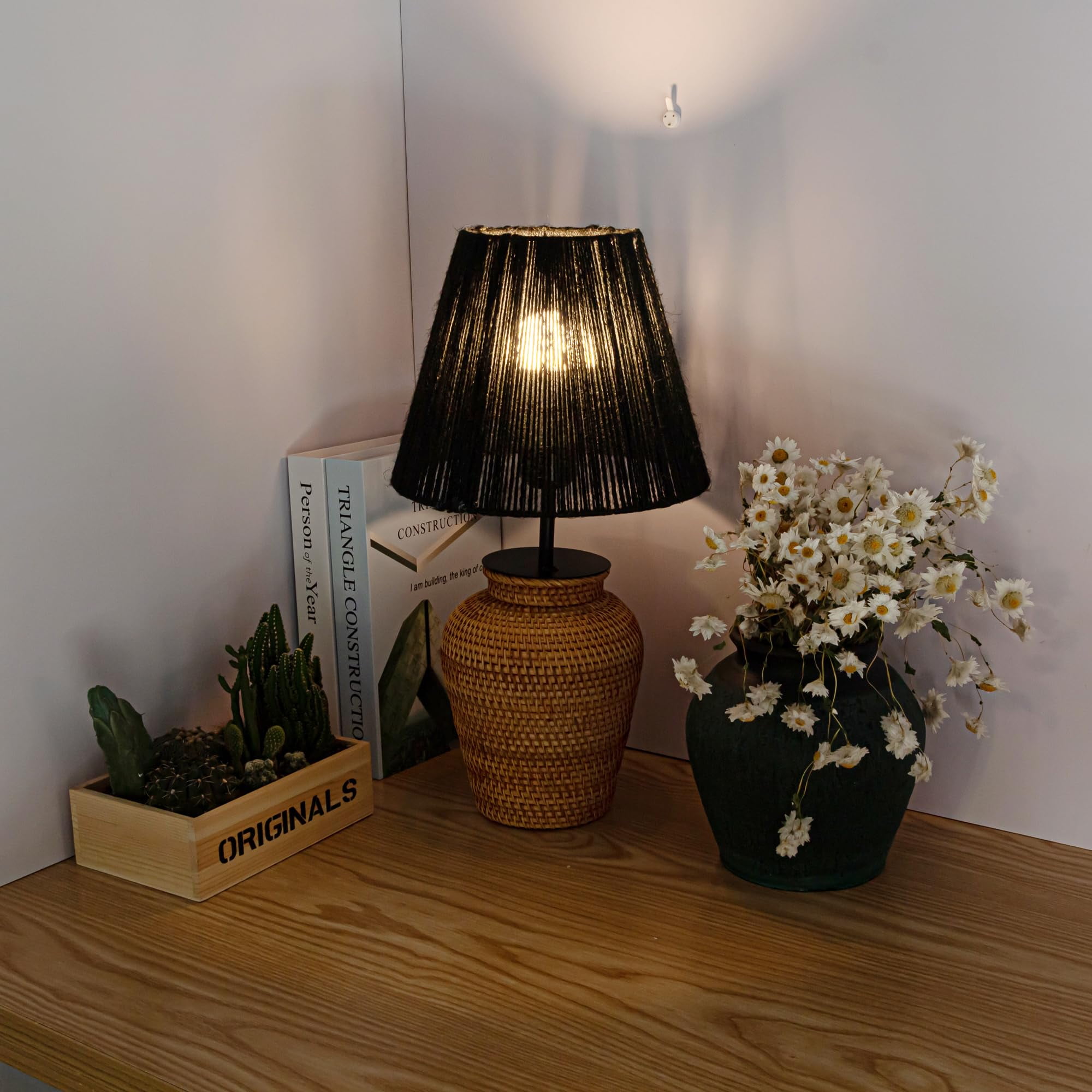 FSLiving Hand-Made Clay Pot Natural Rattan Black Cone Shade Table Lamp ...