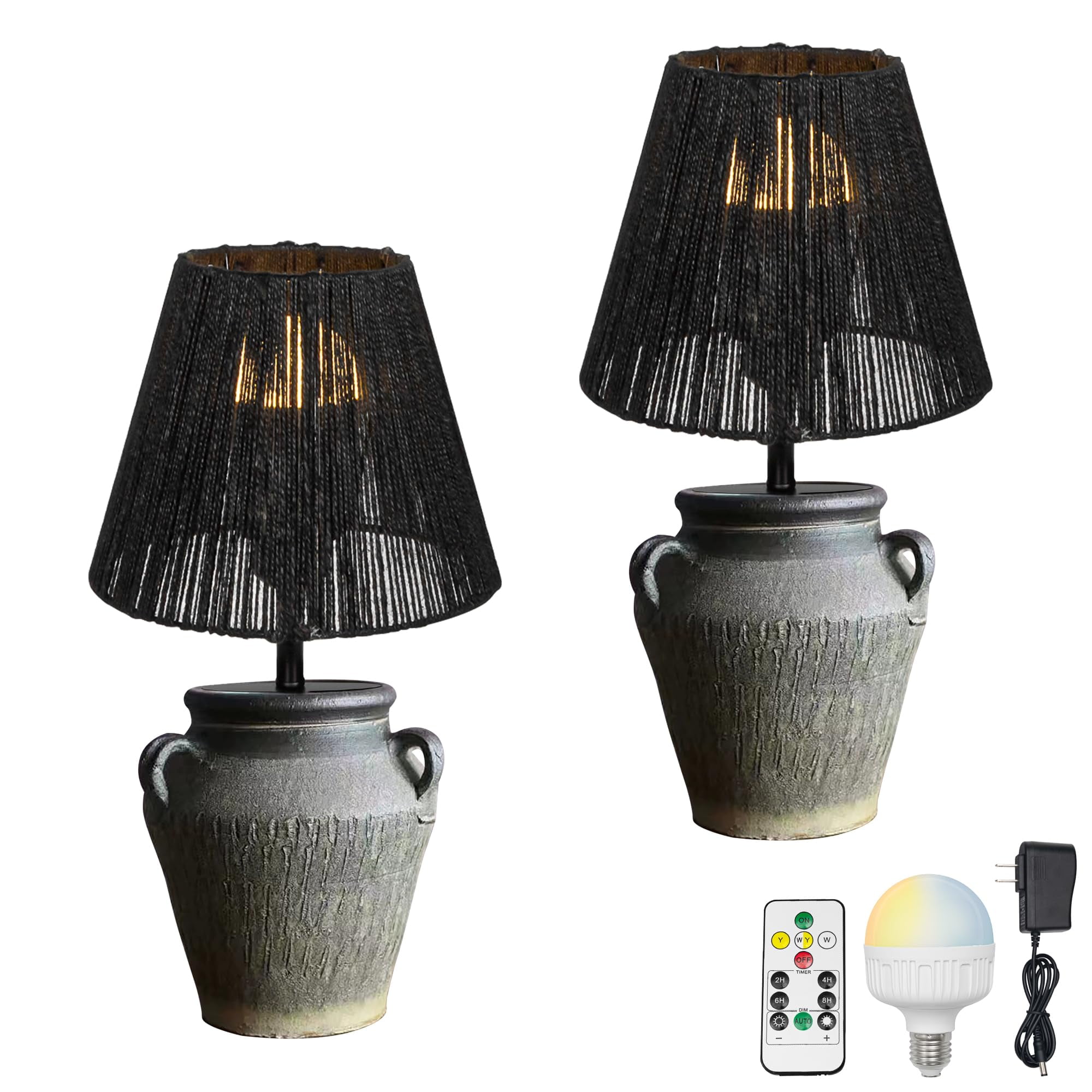 FSLiving Hand-Made Three Handles Grey Clay Pot Natural Rattan Black ...