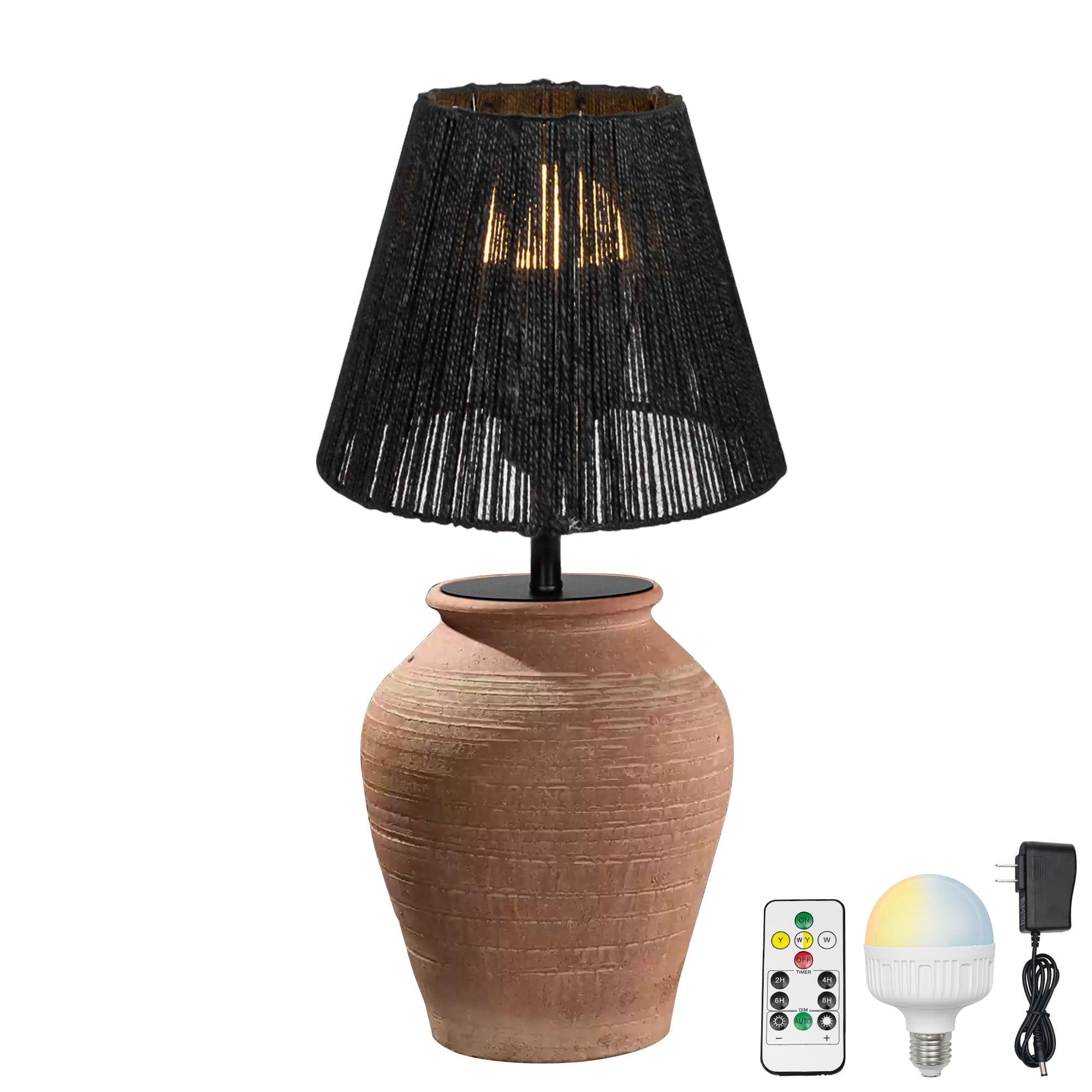FSLiving Hand-made Clay Pot Table Lamp Rechargeable Battery Operated ...
