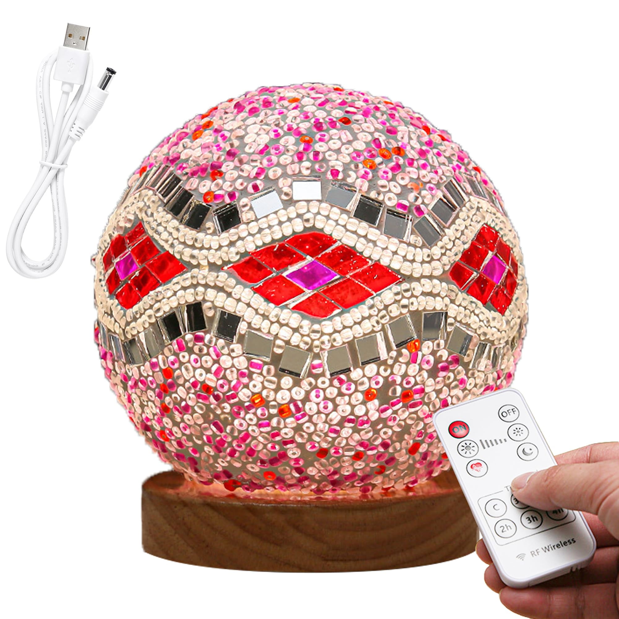 FSLiving Handcrafted Wooden Base Table Lamp Remote Control LED Bedside ...