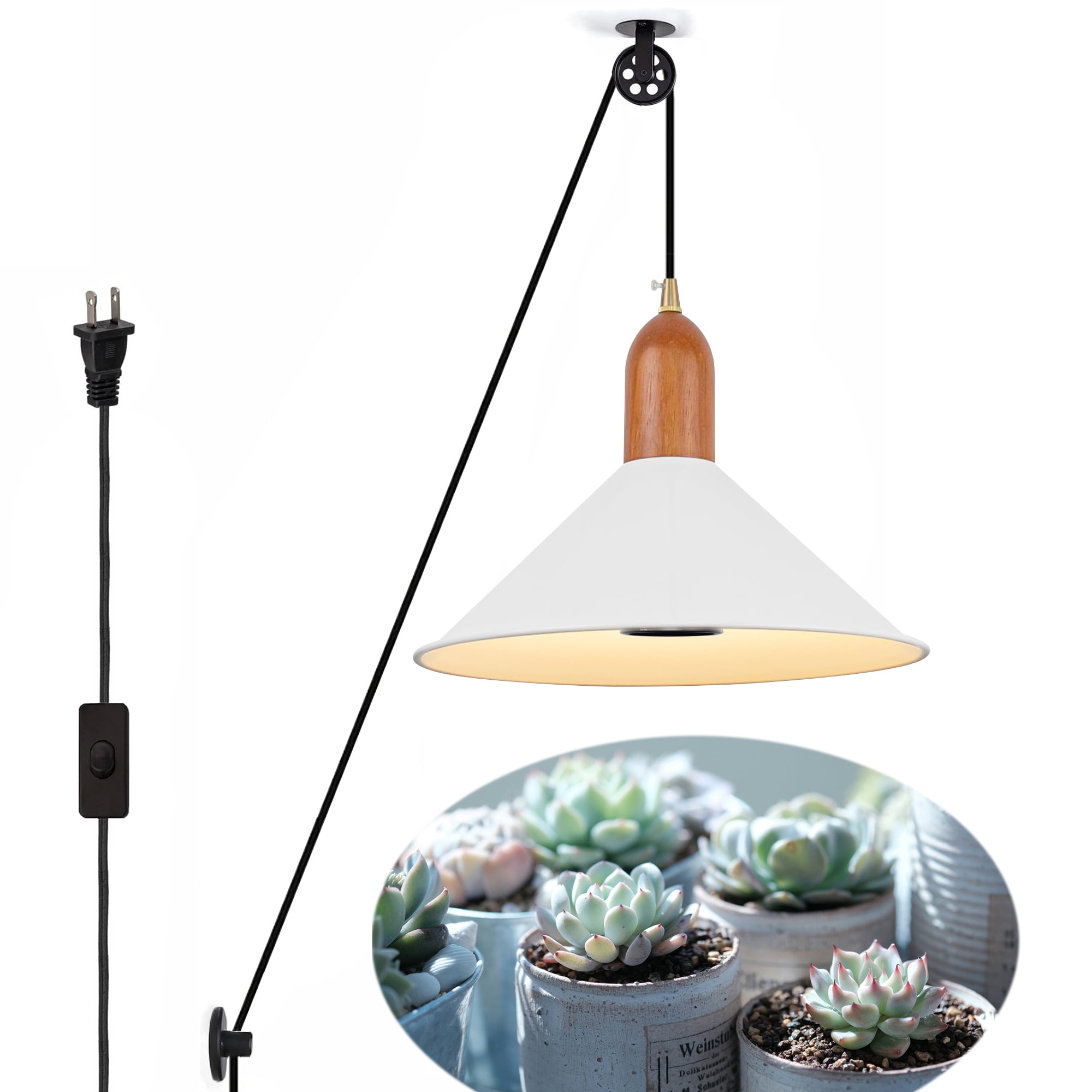 FSLiving Hanging Grow Light with Pulley Wood Socket for Indoor Plant ...