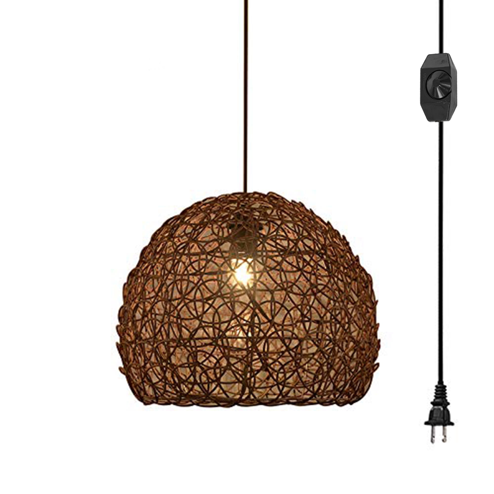 FSLiving Hanging Swag Ceiling Lamp with Natural Rattan Brown Lampshade ...
