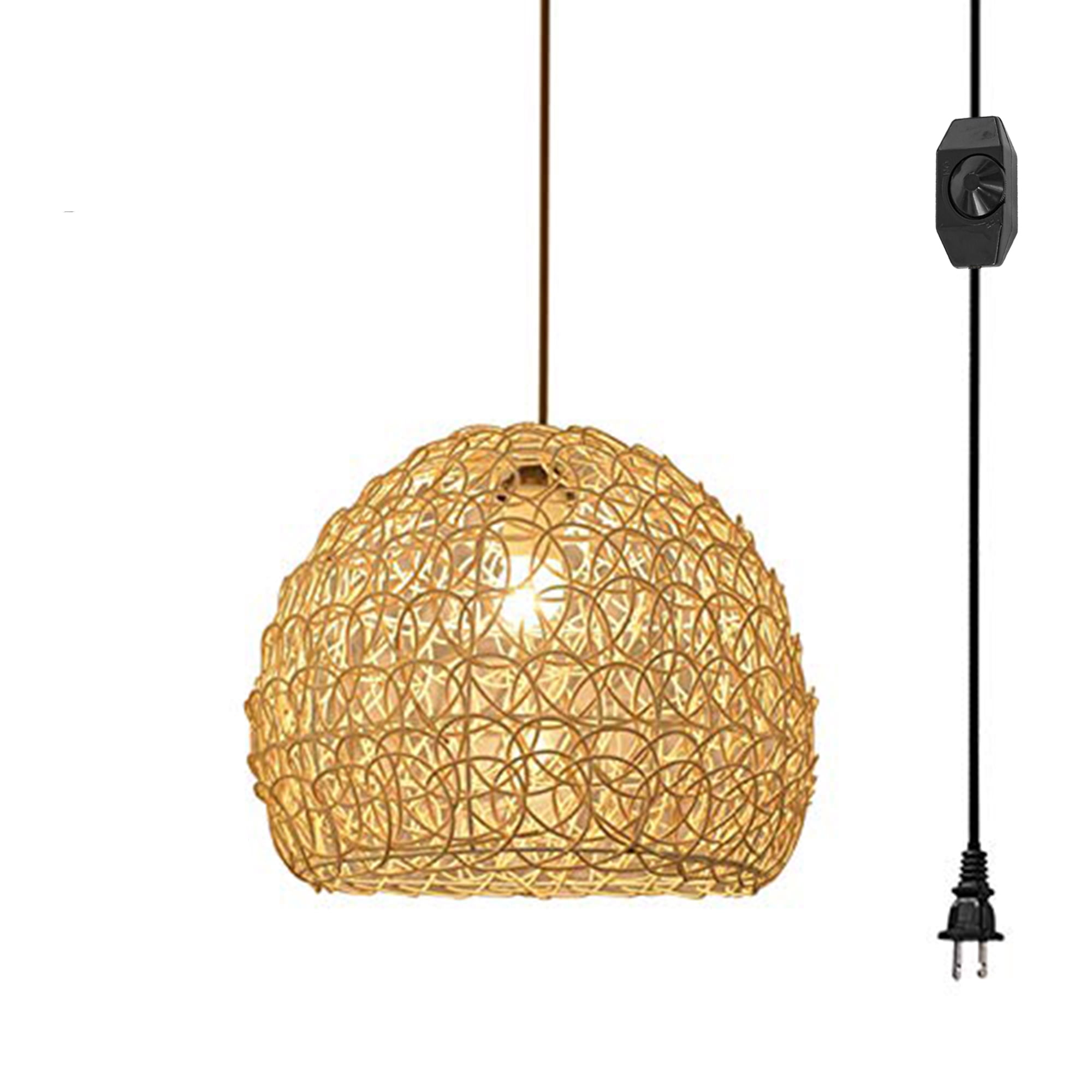 FSLiving Hanging Swag Ceiling Lamp with Natural Rattan Cream White ...