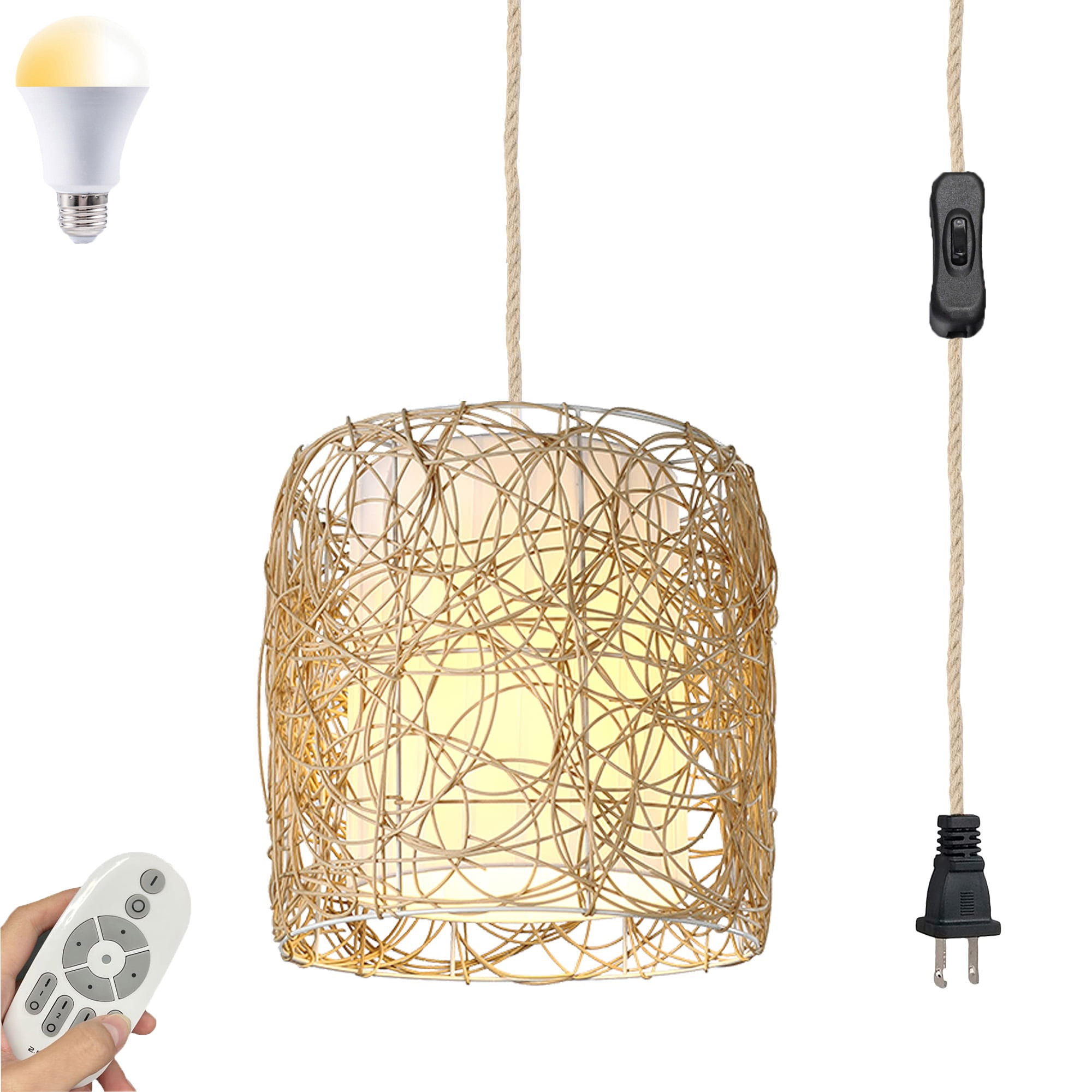 FSLiving Hanging Swag Ceiling Lamp Twine Natural Rattan Lampshade ...