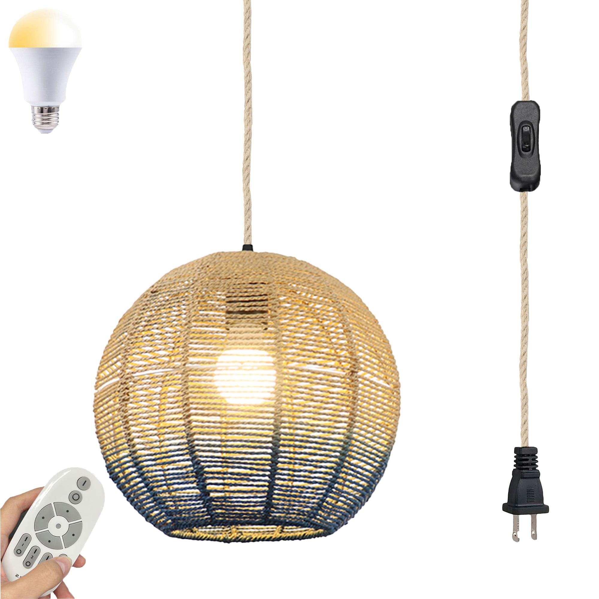 FSLiving Hanging Swag Ceiling Lamp Twine Natural Rattan Lampshade ...