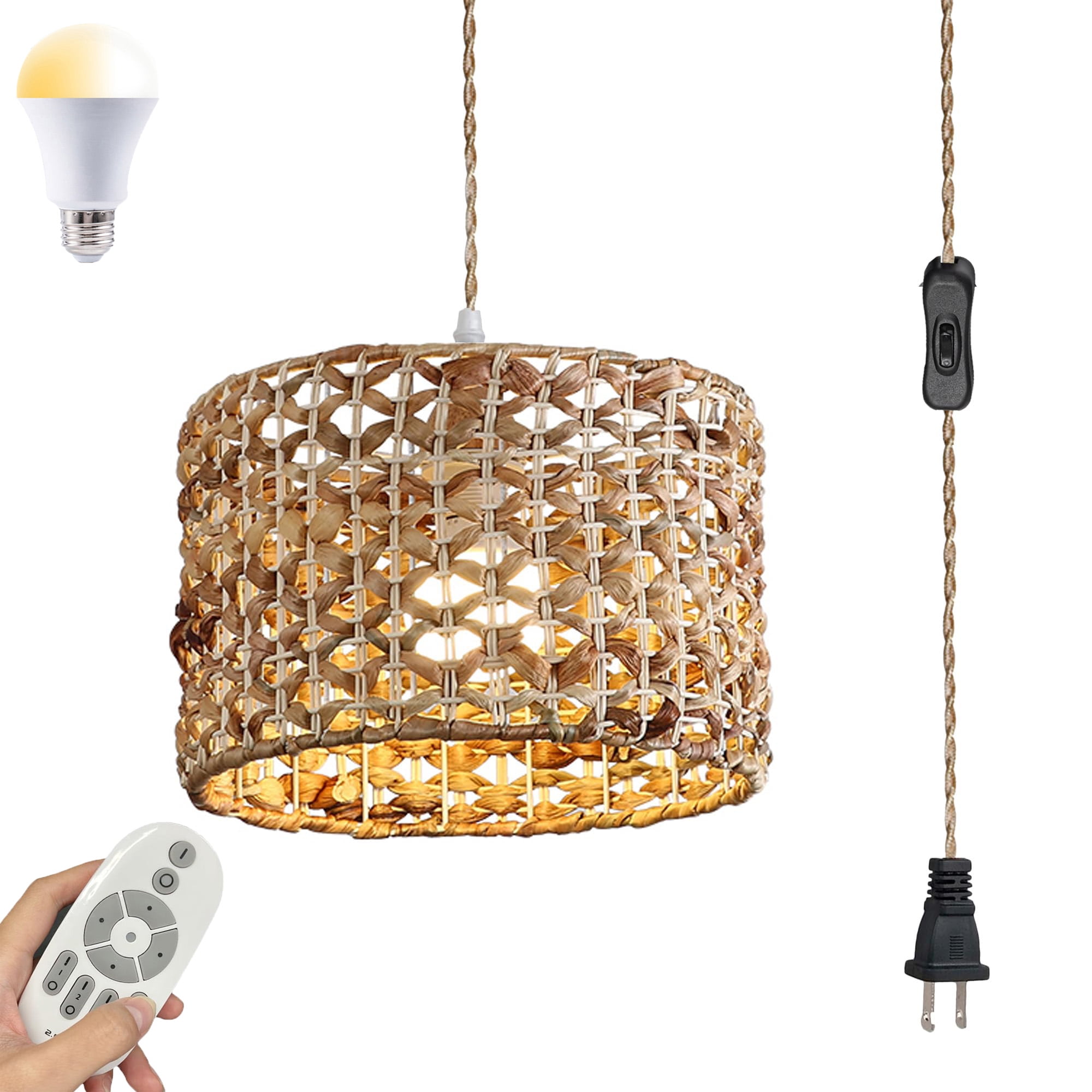 FSLiving Hanging Swag Ceiling Lamp Twine Natural Rattan Shade Portable ...