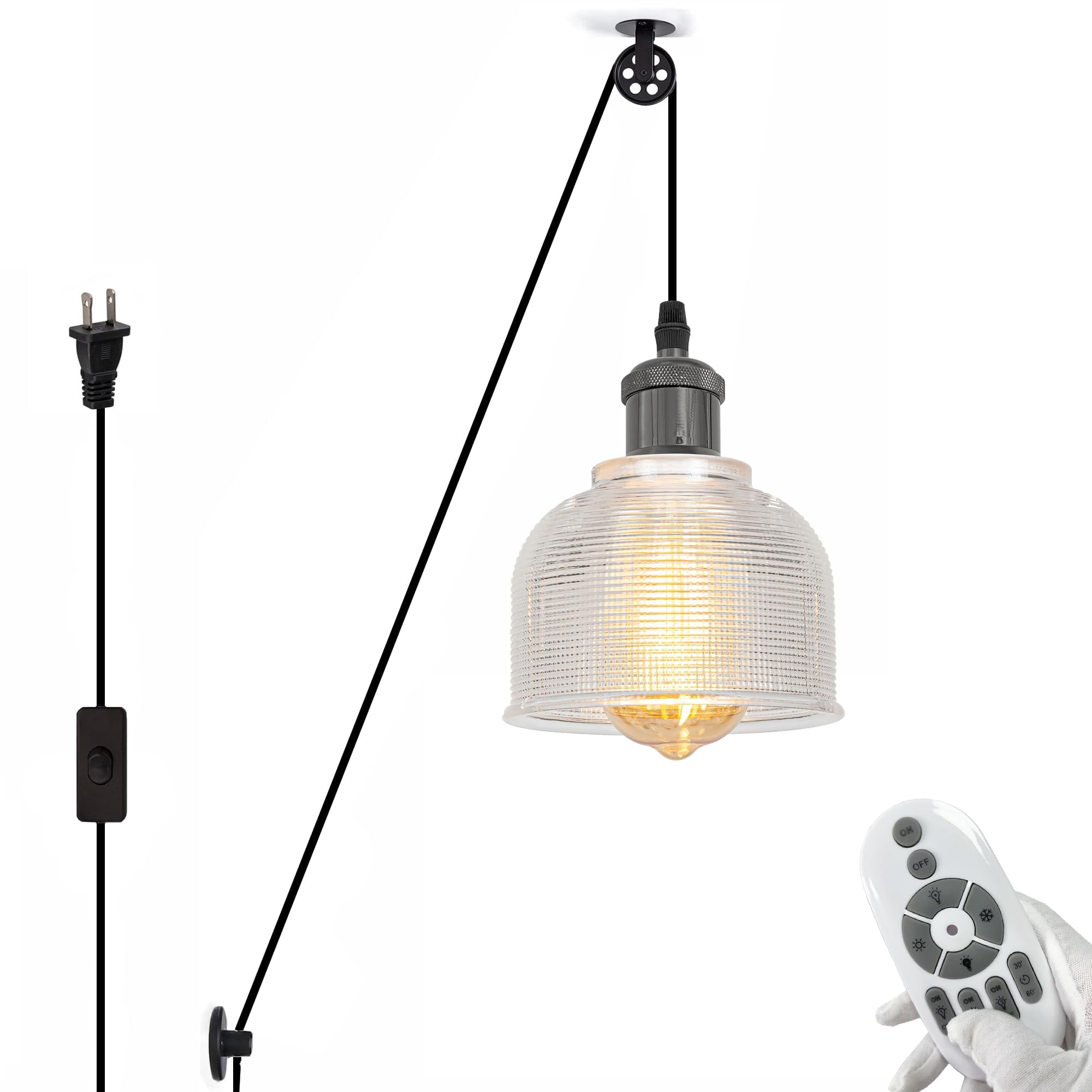 FSLiving Hanging Swag Lamp Portable Remote Control Nickel Black E26 ...