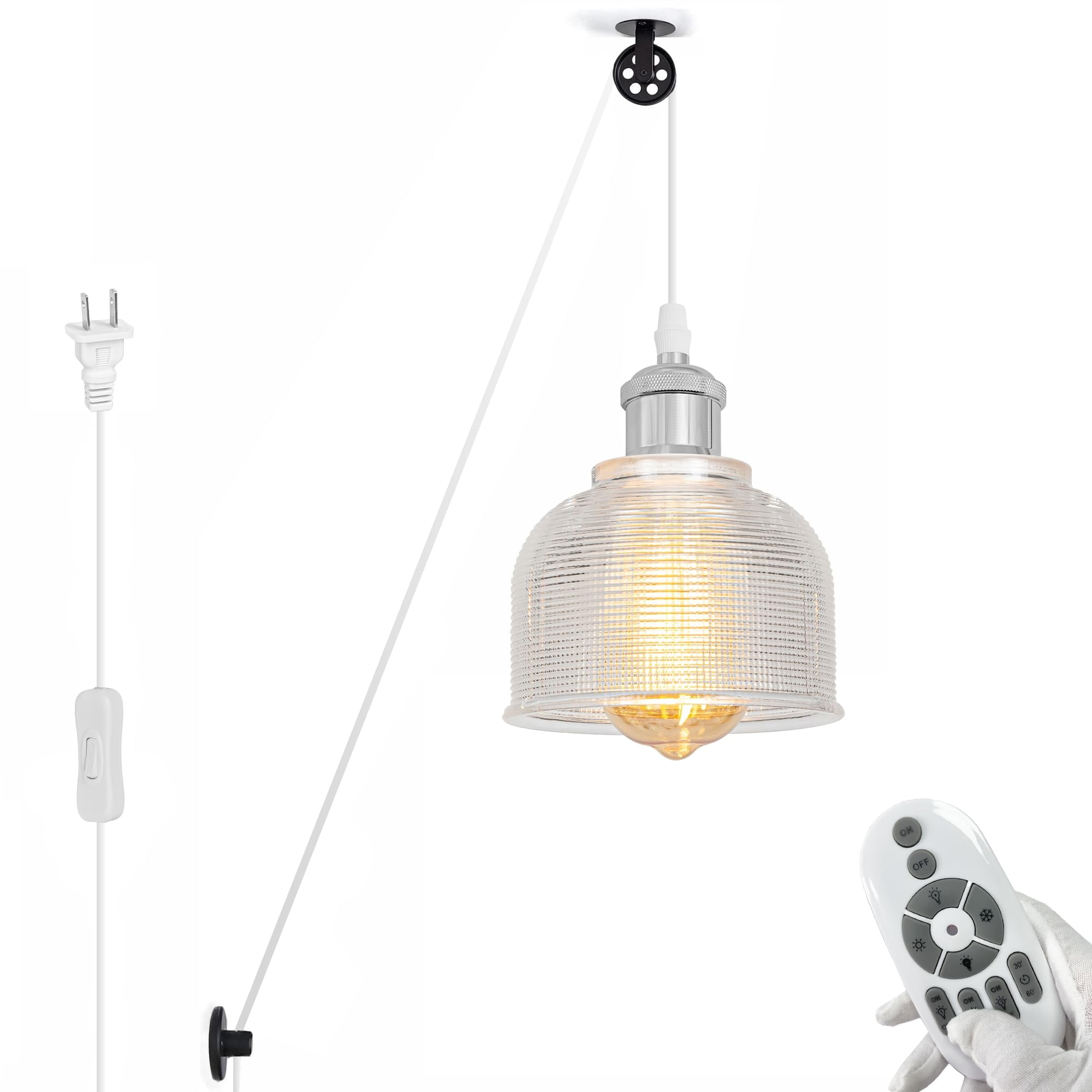 FSLiving Hanging Swag Lamp Portable Remote Control Silver E26 Socket ...