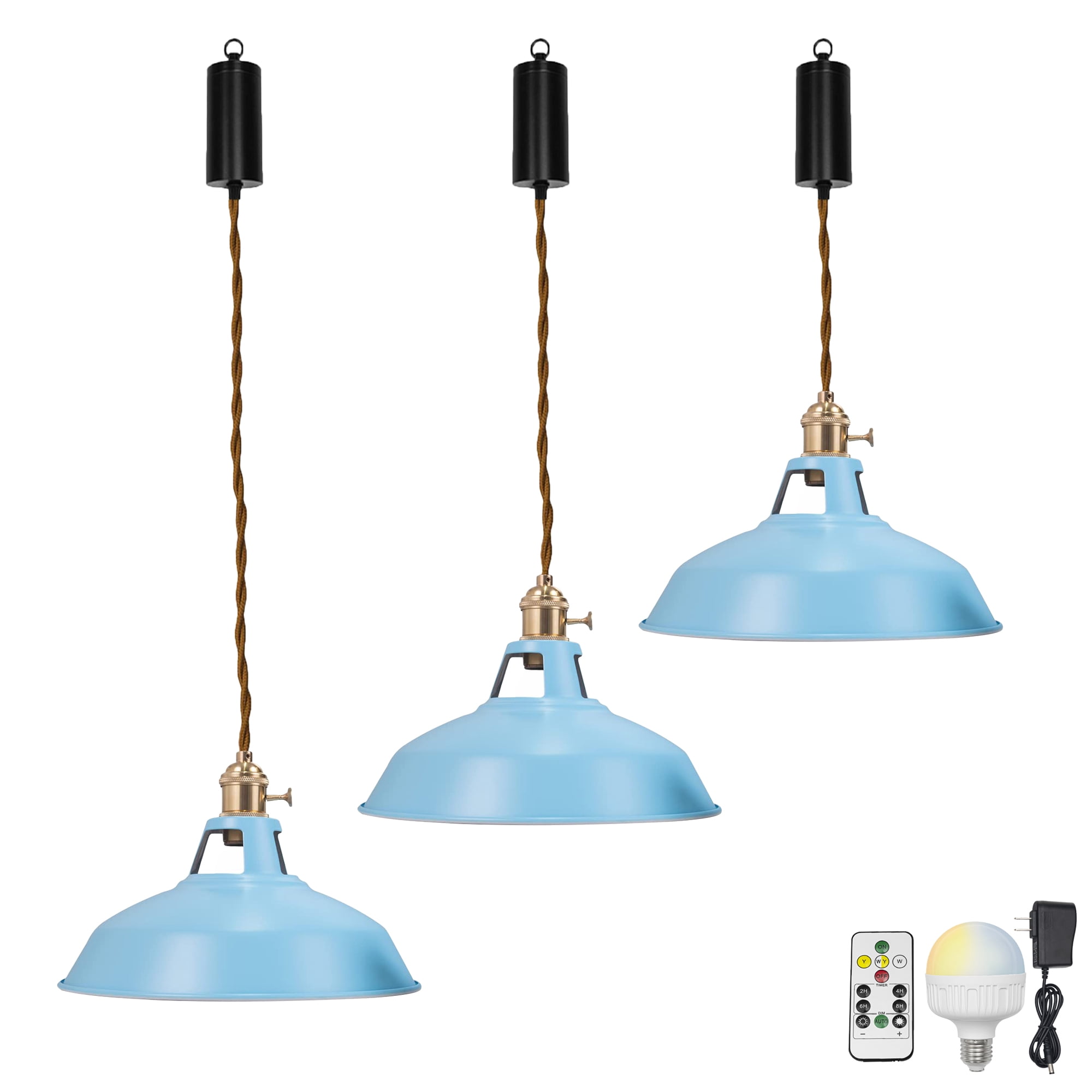 FSLiving Industrial Blue Metal Pendant Light with Rechargeable Battery ...