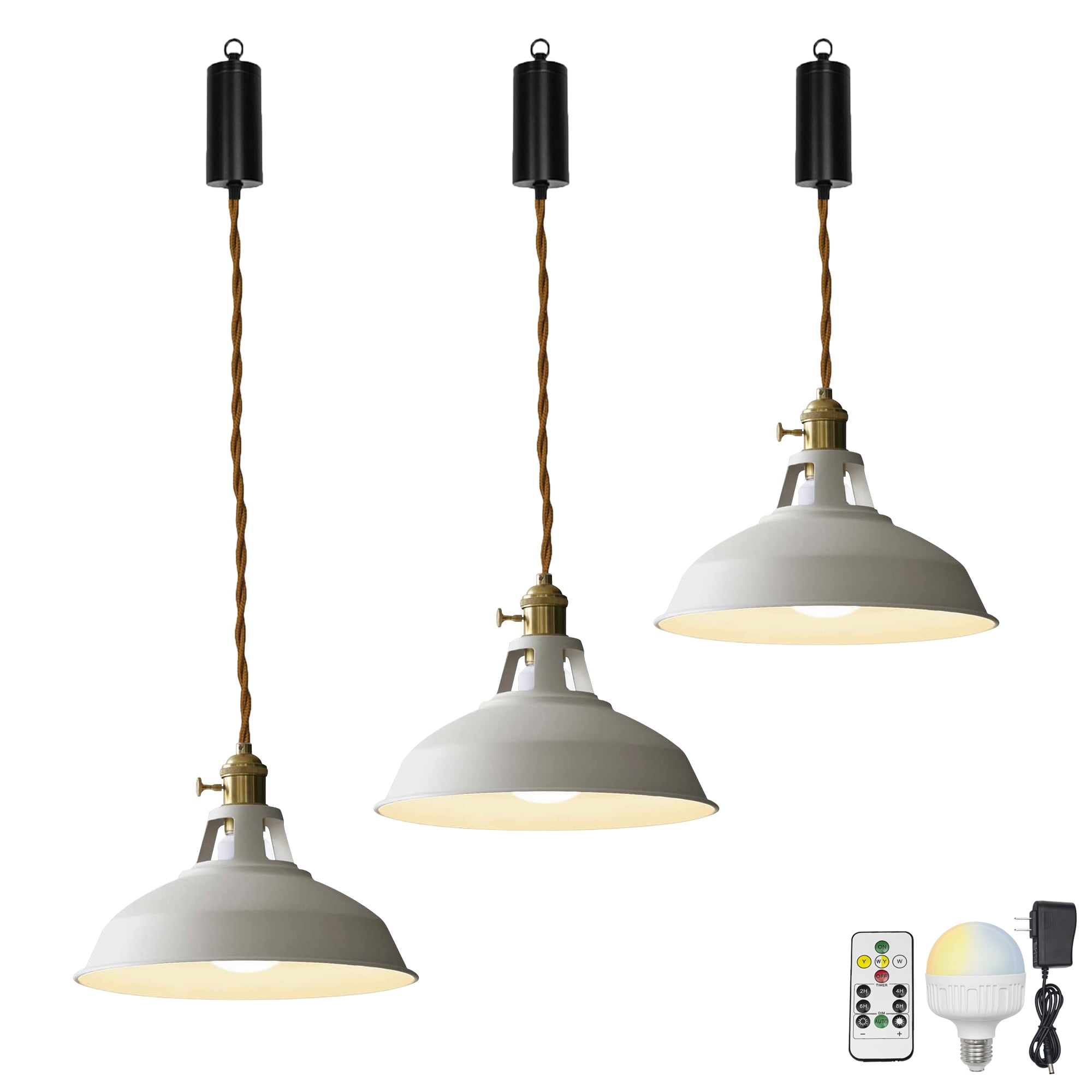 FSLiving Industrial White Metal Pendant Light with Rechargeable Battery ...