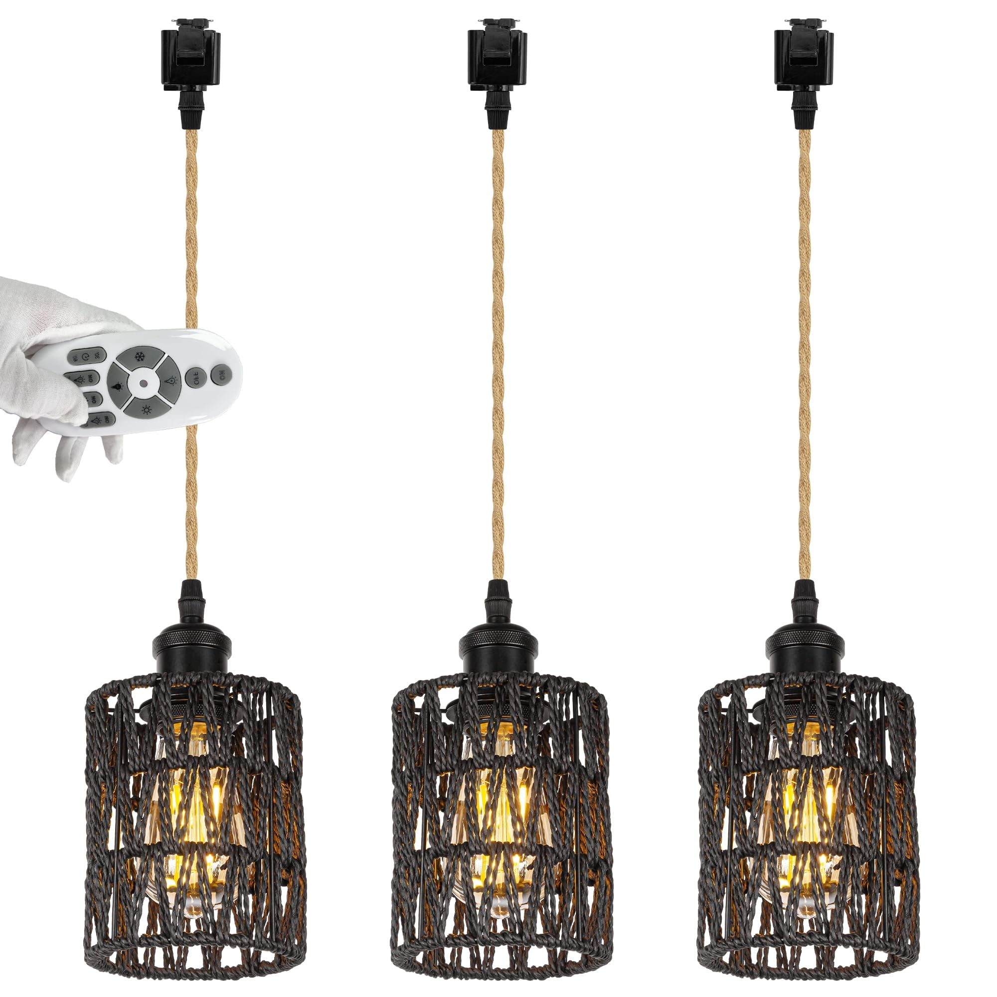 FSLiving J Type Track Lighting Pendants Twine Natural Rattan Black ...